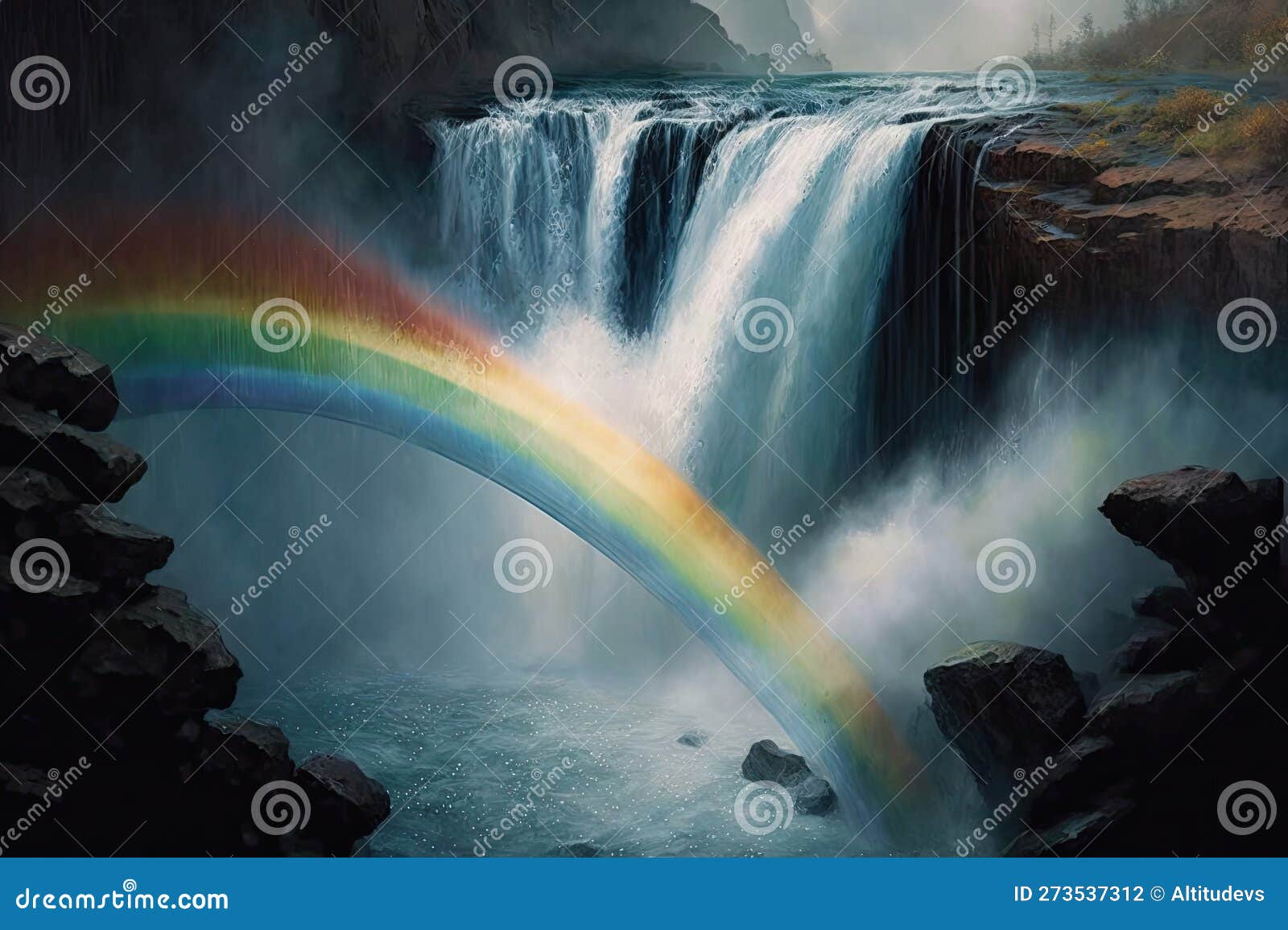 Rainbow Cascade Over the Edge of a Waterfall, into a Misty Pool Stock ...