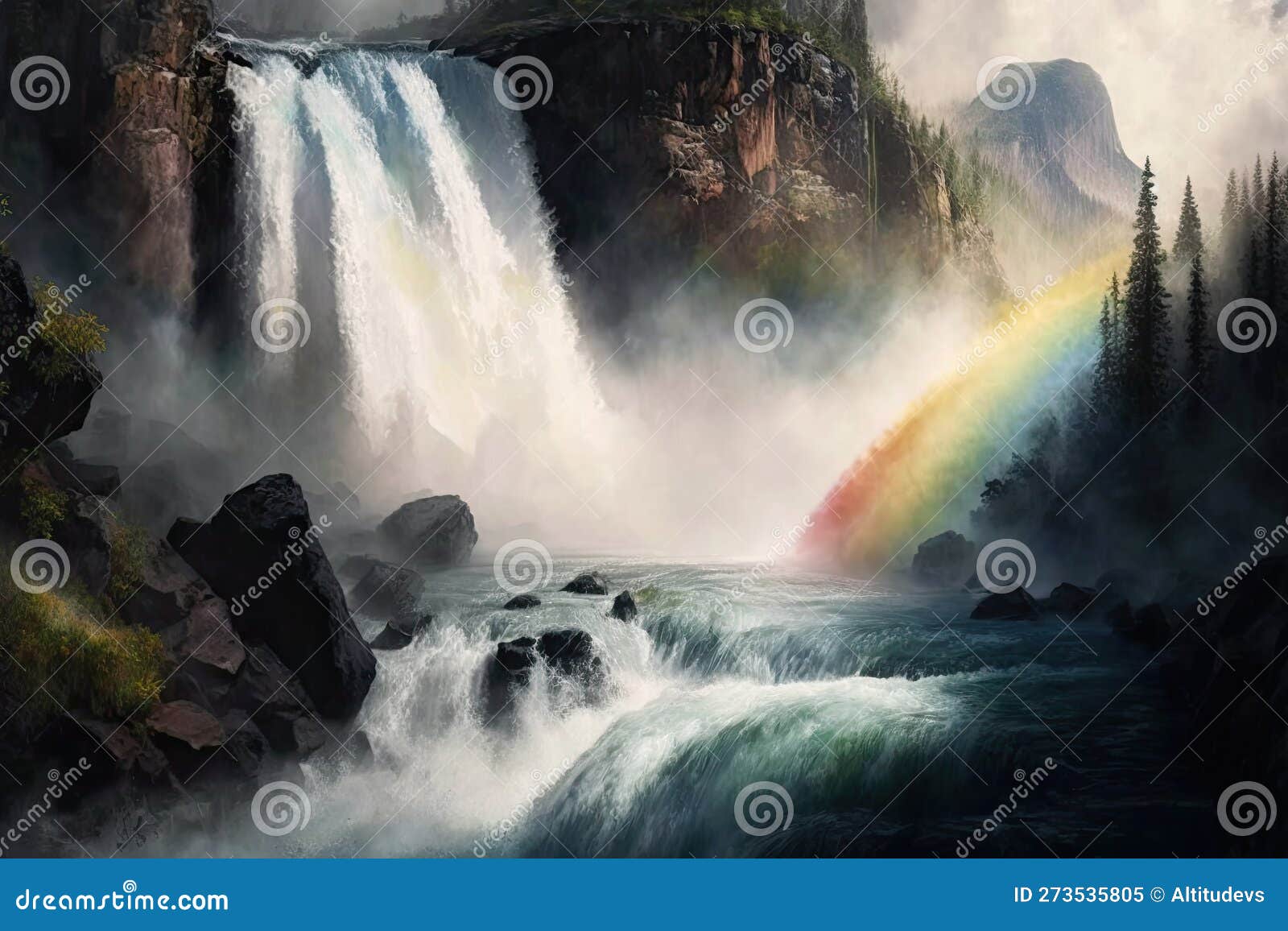 Rainbow Cascading Over Waterfall, with Mist Rising from the Water Stock ...