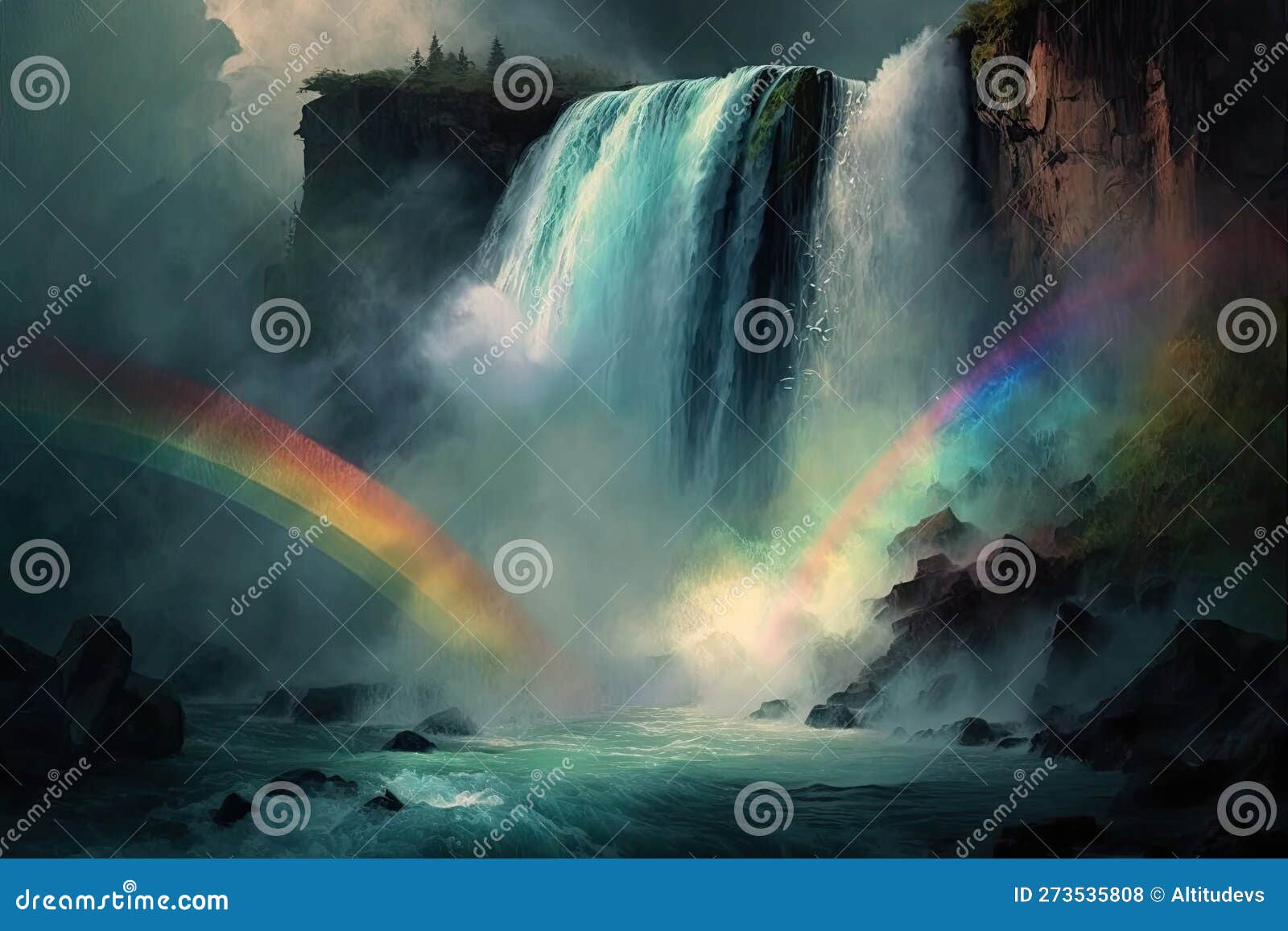 Rainbow Cascading Over Waterfall, with Mist Rising from the Water Stock ...