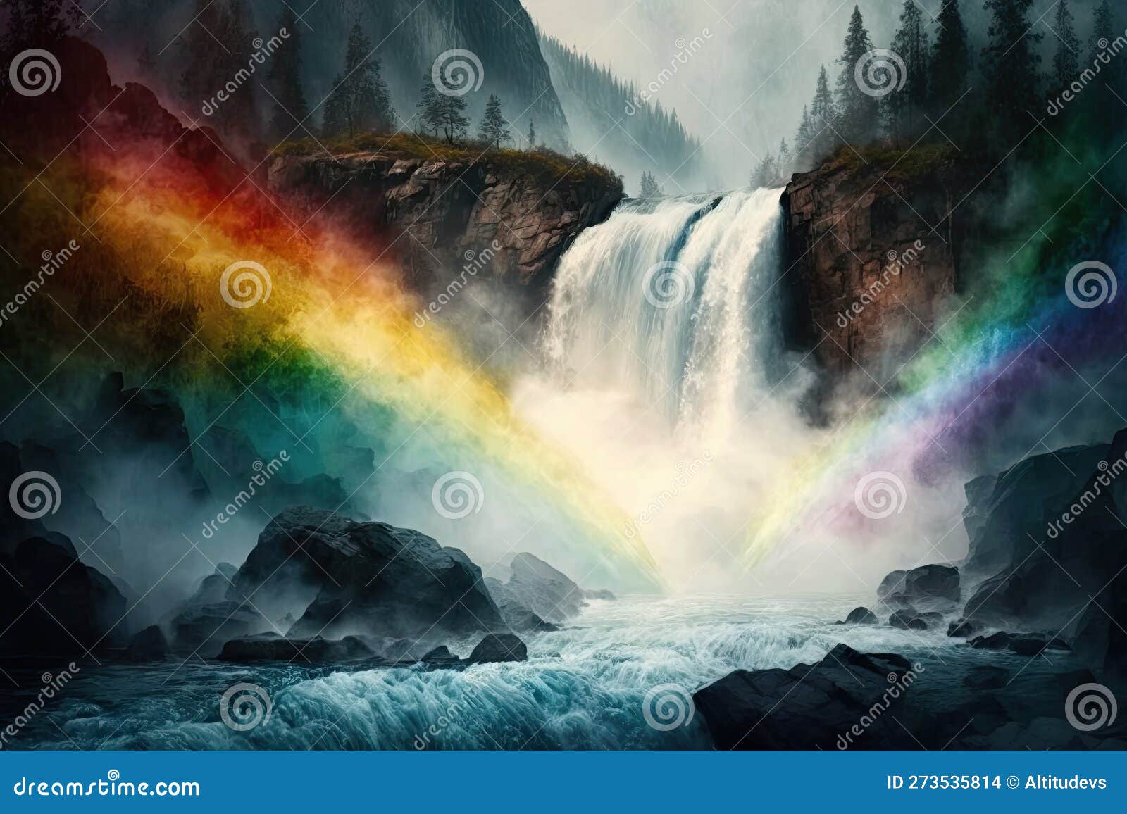 Rainbow Cascading Over Waterfall, with Mist Rising from the Water Stock ...