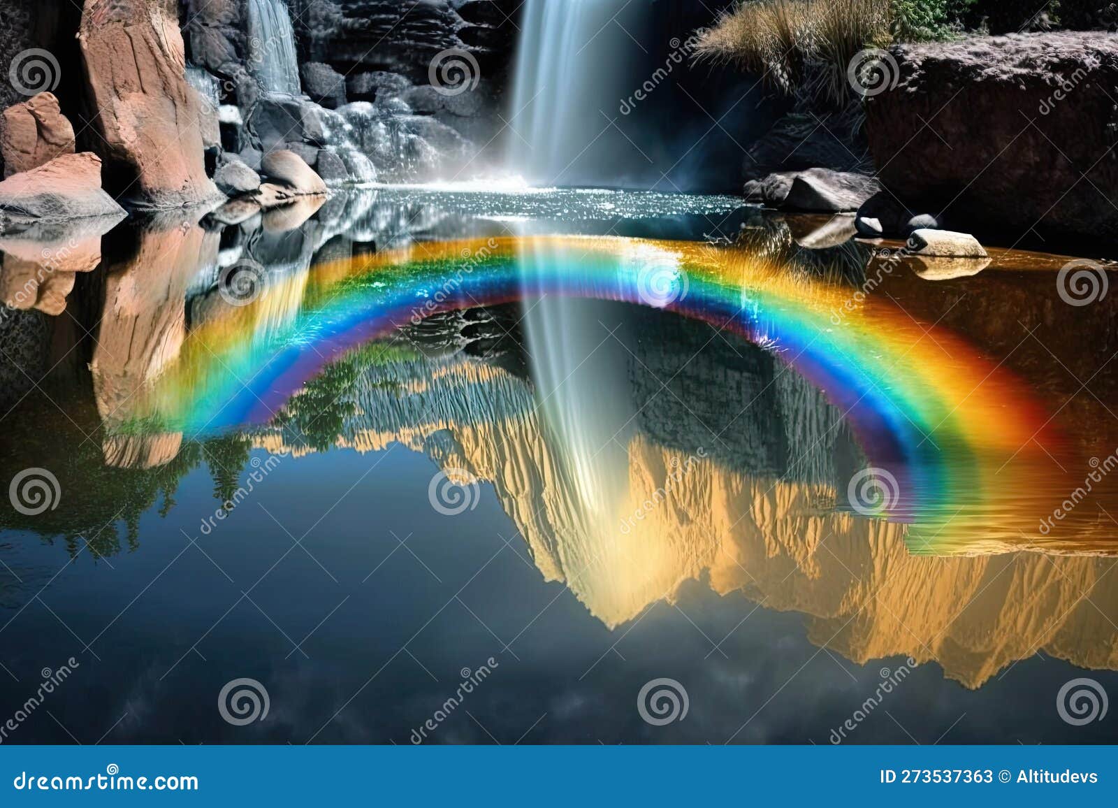 Rainbow Cascading Over the Waters, Reflection in the Pool Below Stock ...
