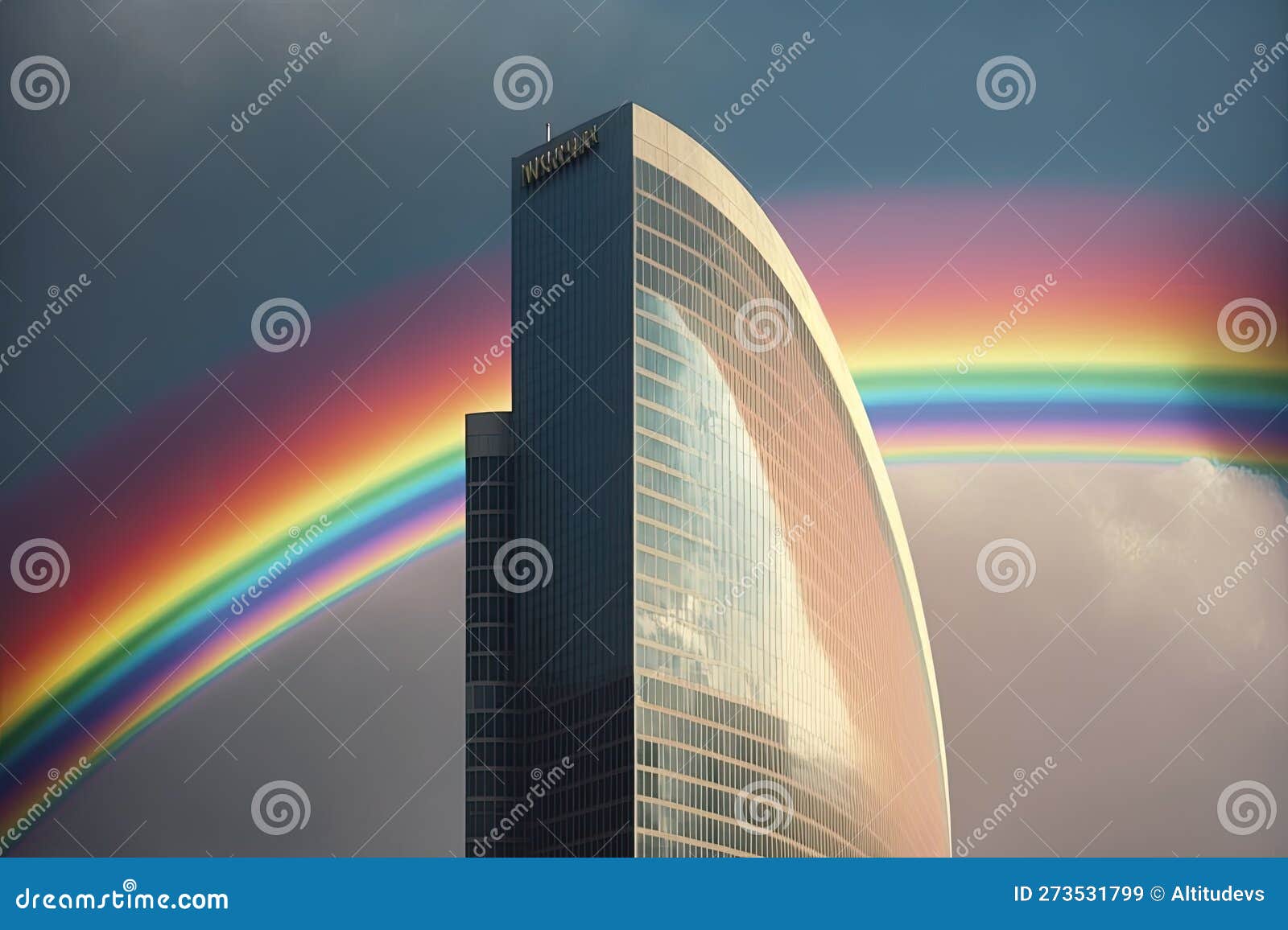 Rainbow, with a Close-up of a Skyscraper in the Background Stock ...