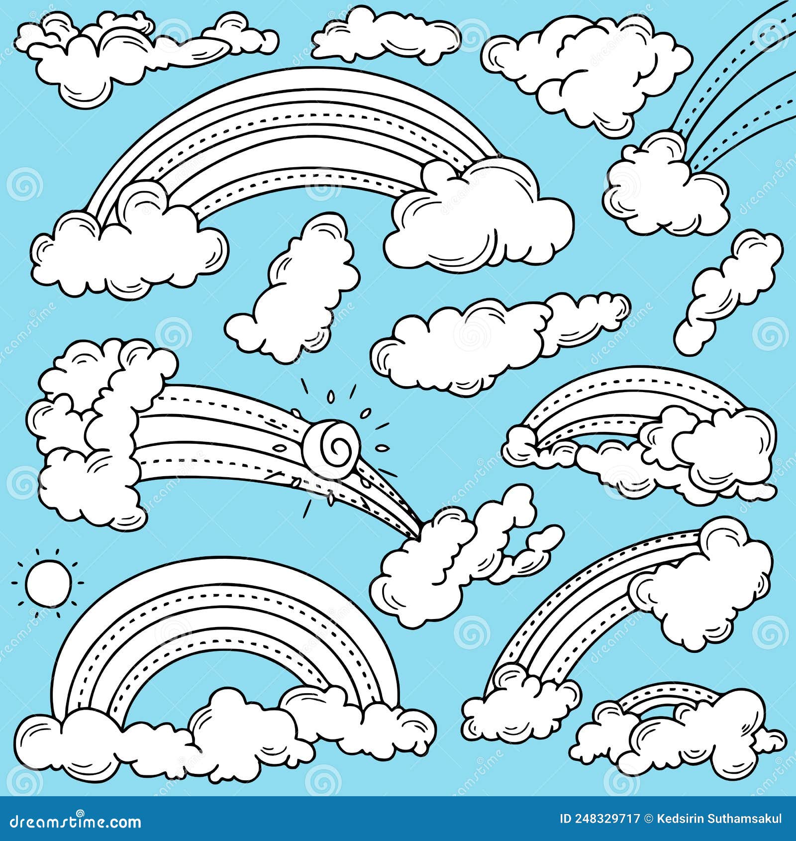 Rainbow and Cloud Sky Doodle Freehand Drawing Vector Collection Stock ...