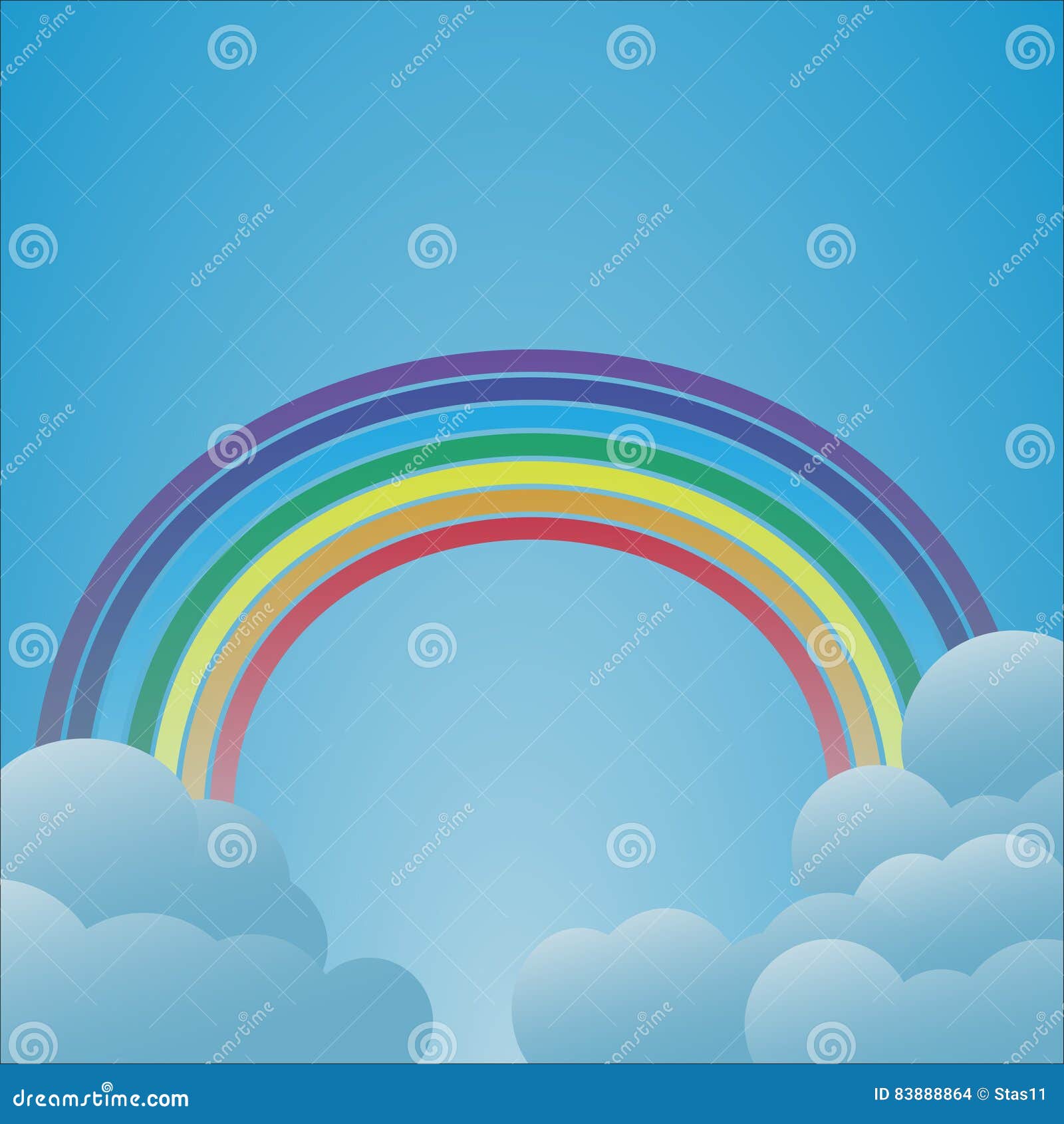 Rainbow with Clouds on Light Blue Background Stock Illustration ...