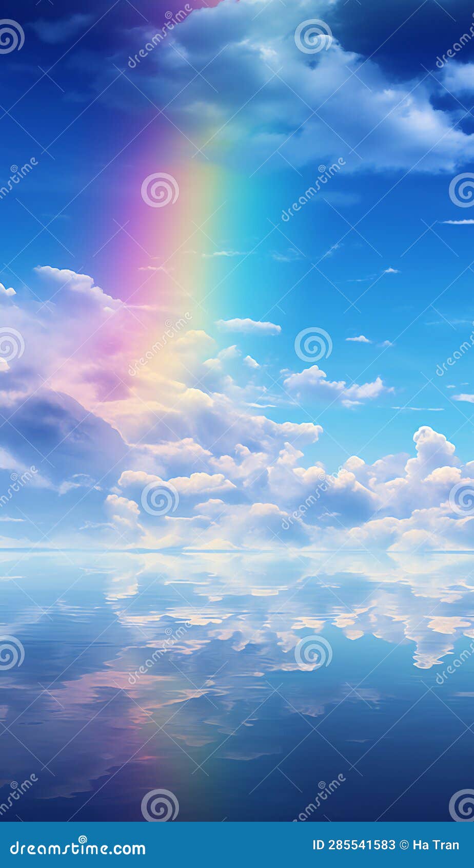 Rainbow and Clouds Reflected in the Water on a Background of Blue Sky ...