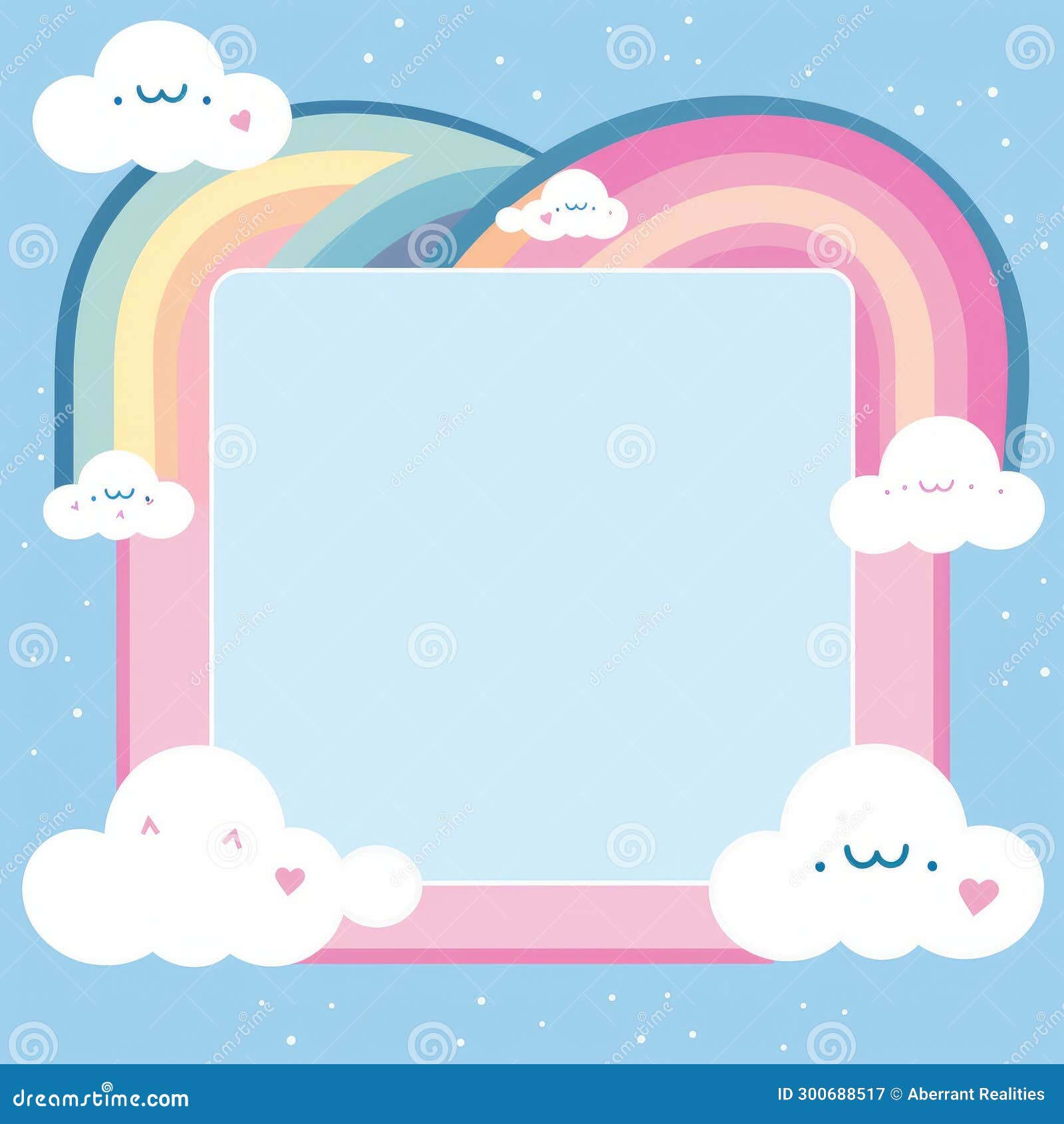 A Rainbow and Clouds in a Square Frame on a Blue Background Stock ...
