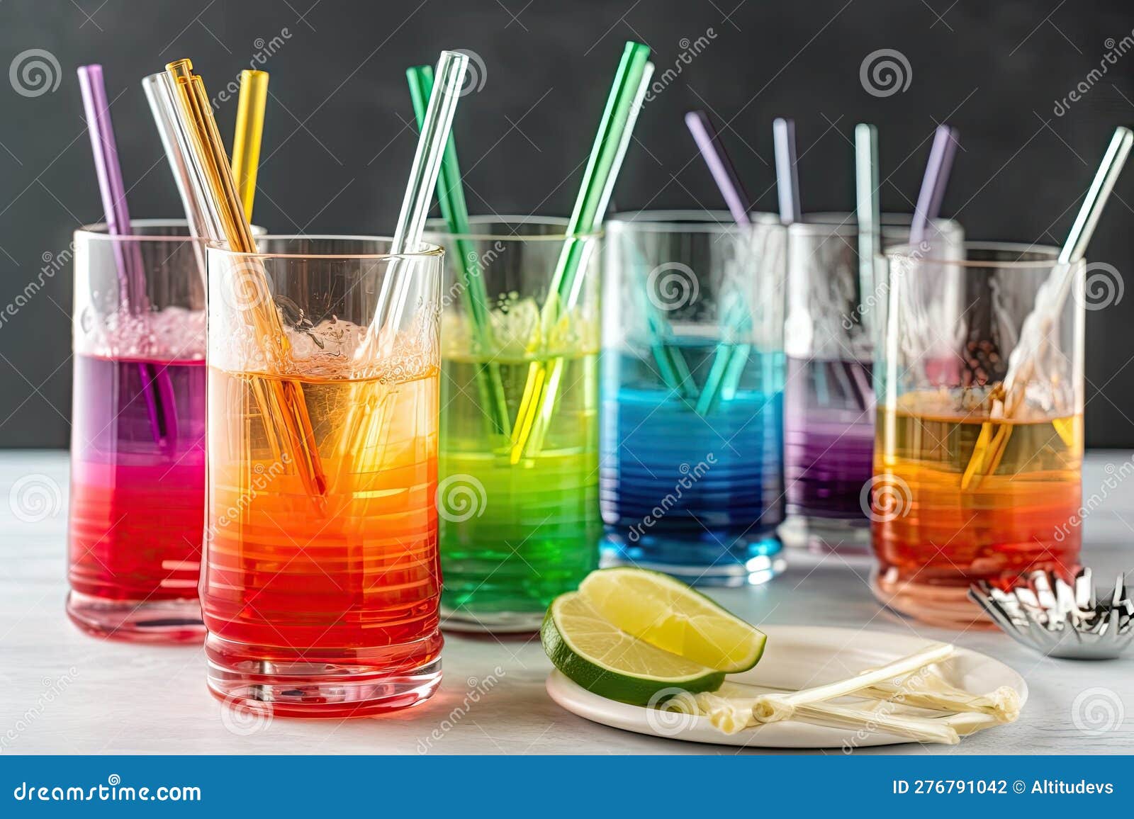 Rainbow Cocktails in Glassware, with Garnishes and Straws Stock ...