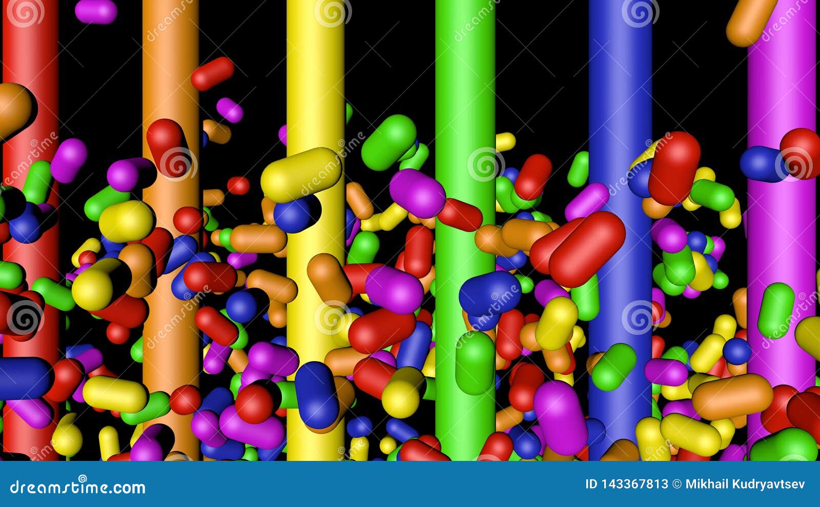 Rainbow Color Capsules, 3D Rendering on Black Stock Illustration ...