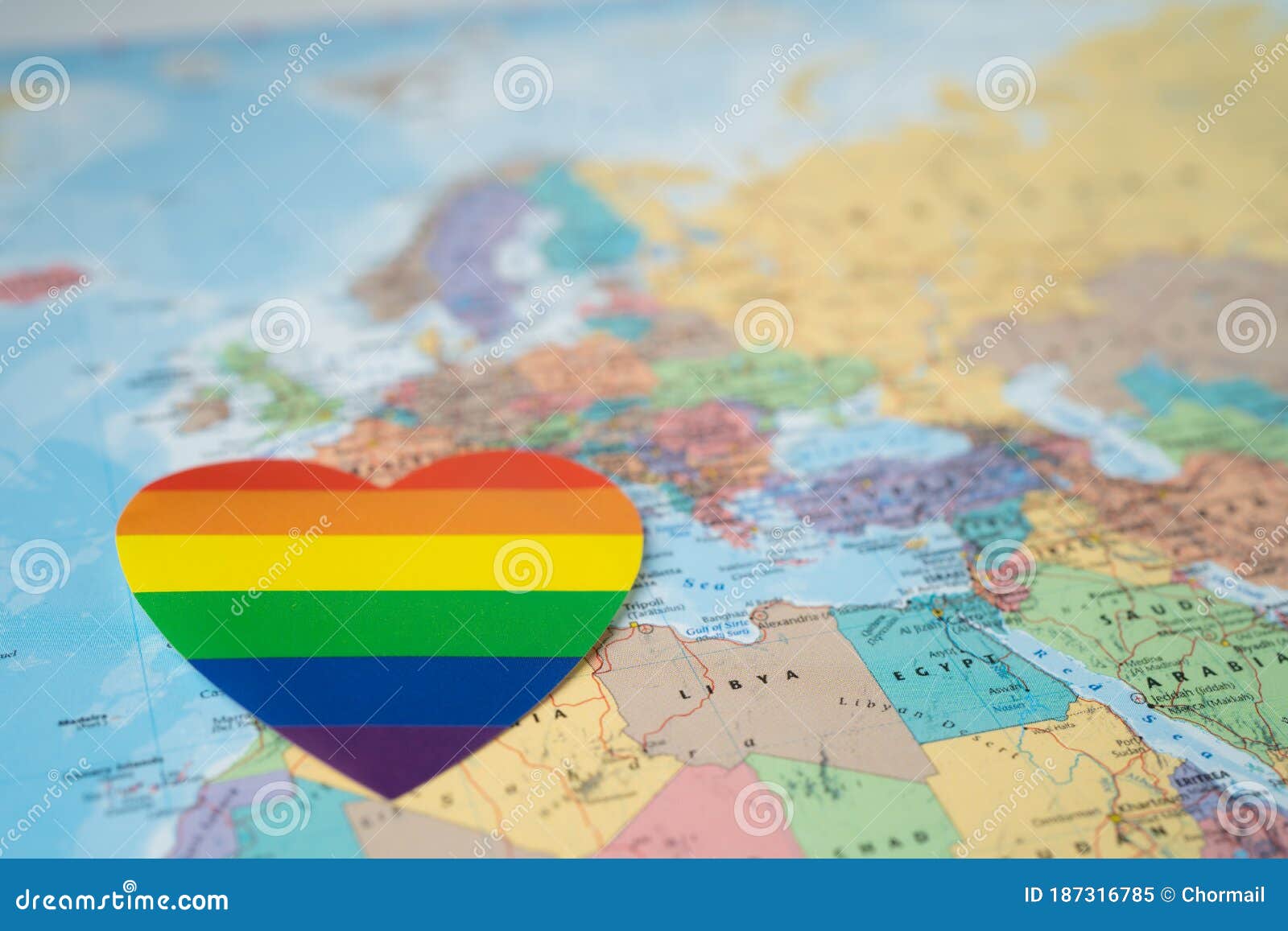 Rainbow Color Heart On Europe Globe World Map Background Symbol Of