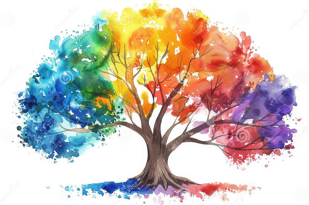 A Rainbow Color Tree Painted with Watercolor on White Stock Photo ...