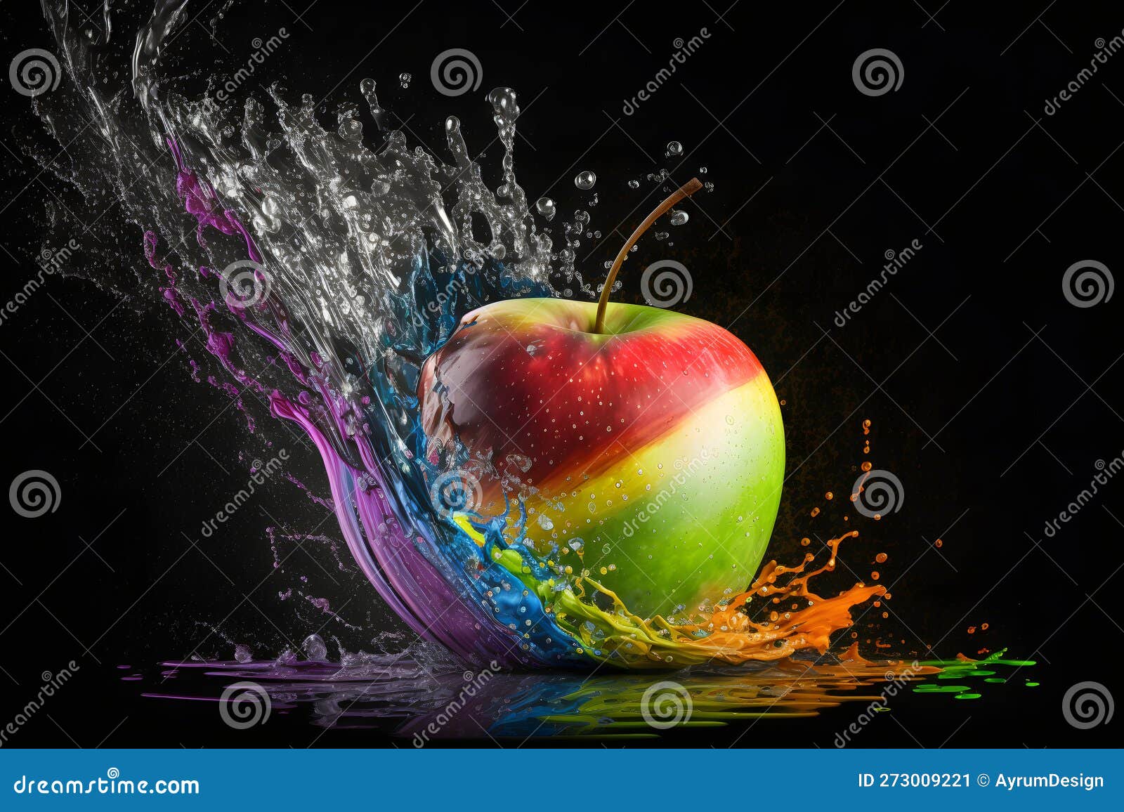 Rainbow Color Water Splash on Apple. Black Background Stock ...