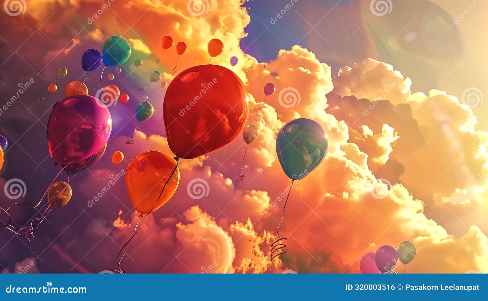 Rainbow Colored Balloons in the Sky and Clouds Colorful Balloons Stock ...