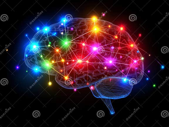 Rainbow Colored Brain with Glowing Neural Pathways Representing ...