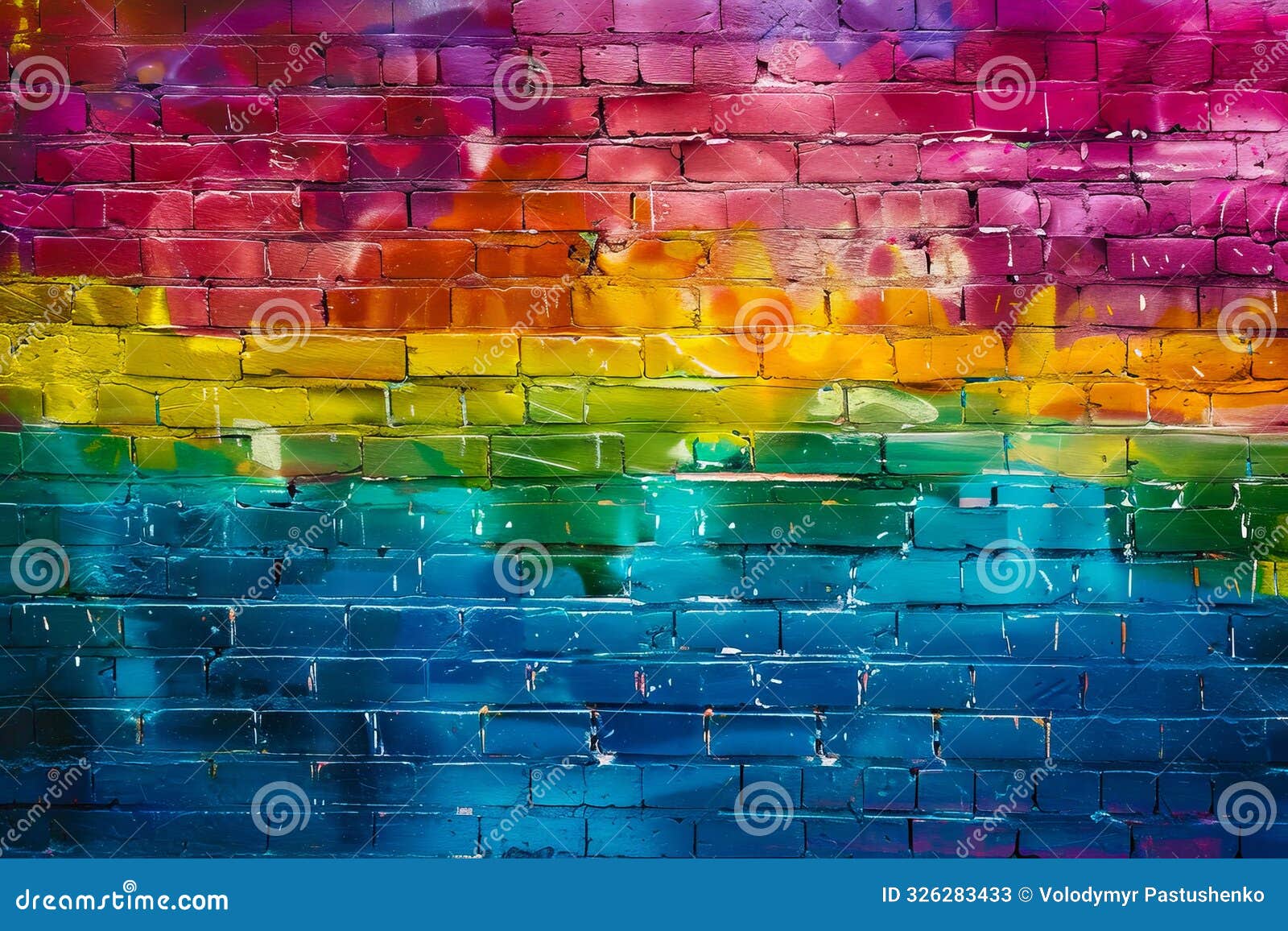 A Rainbow Colored Brick Wall with Graffiti on it Stock Image - Image of ...