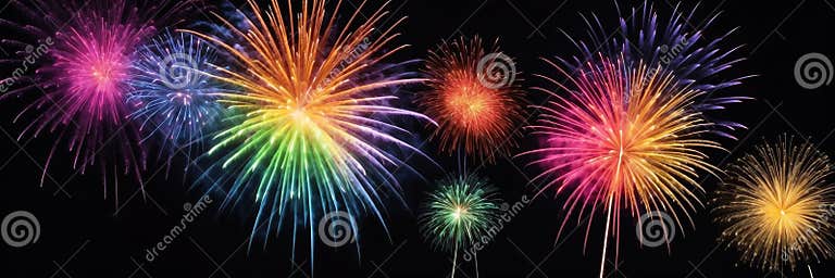 Rainbow Colored Bright Celebration Fireworks on Plain Black Sky Ai ...