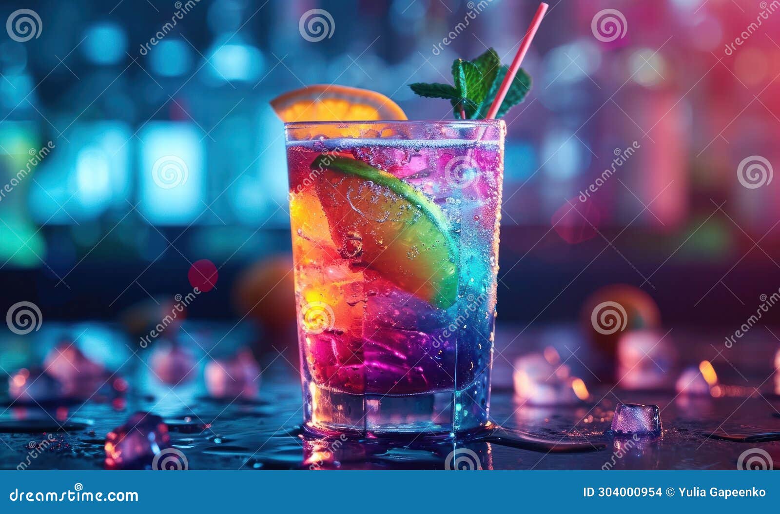 Rainbow Colored Cocktail with Drink Stick is on the Table at Nightclub ...