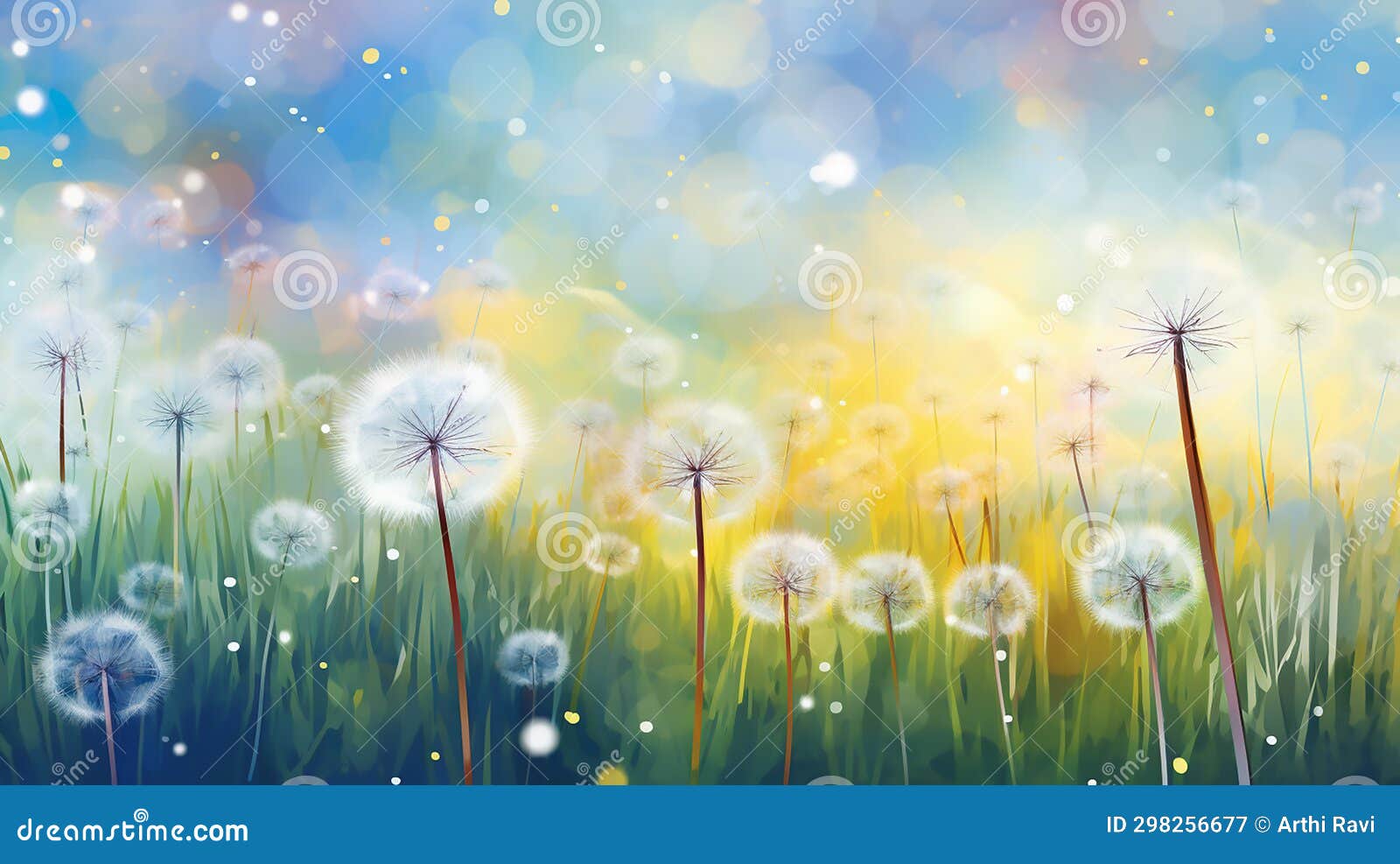 Rainbow-colored Dandelion Fluff Dispersing Across a Grassy Meadow Stock ...