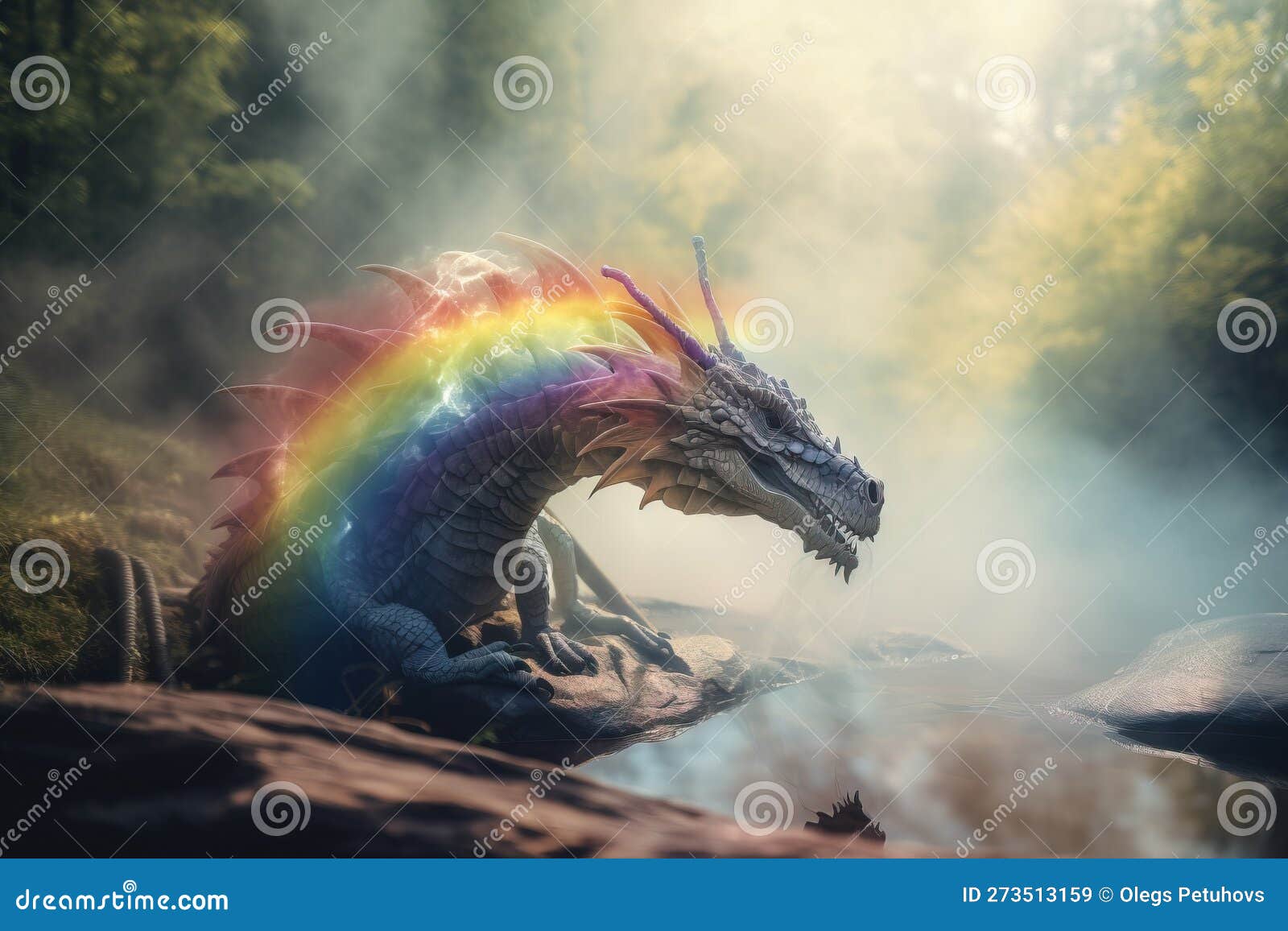 A Rainbow Colored Dragon Sitting on a Rock Next To a River Stock ...