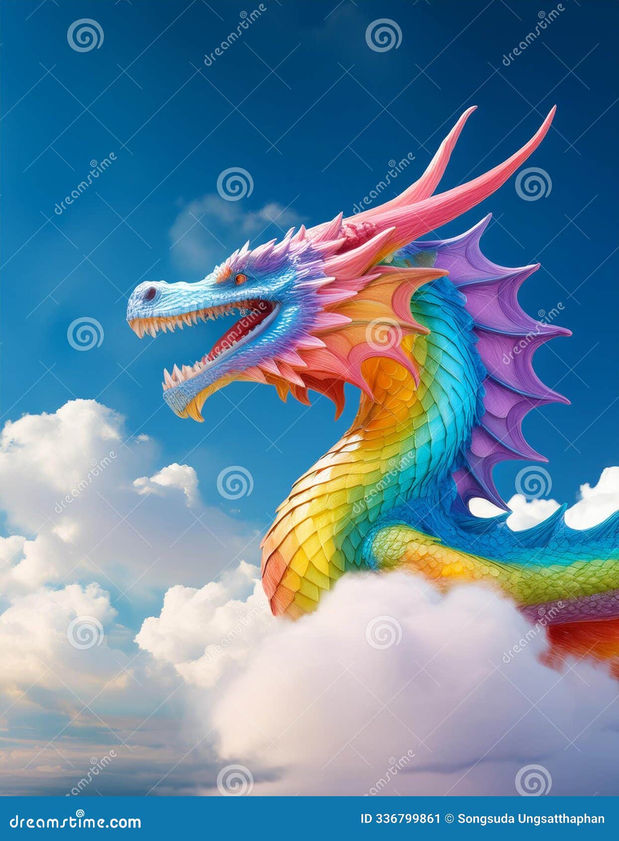 A Rainbow-colored Dragon Soaring through the Clouds Fantasy Close Up ...