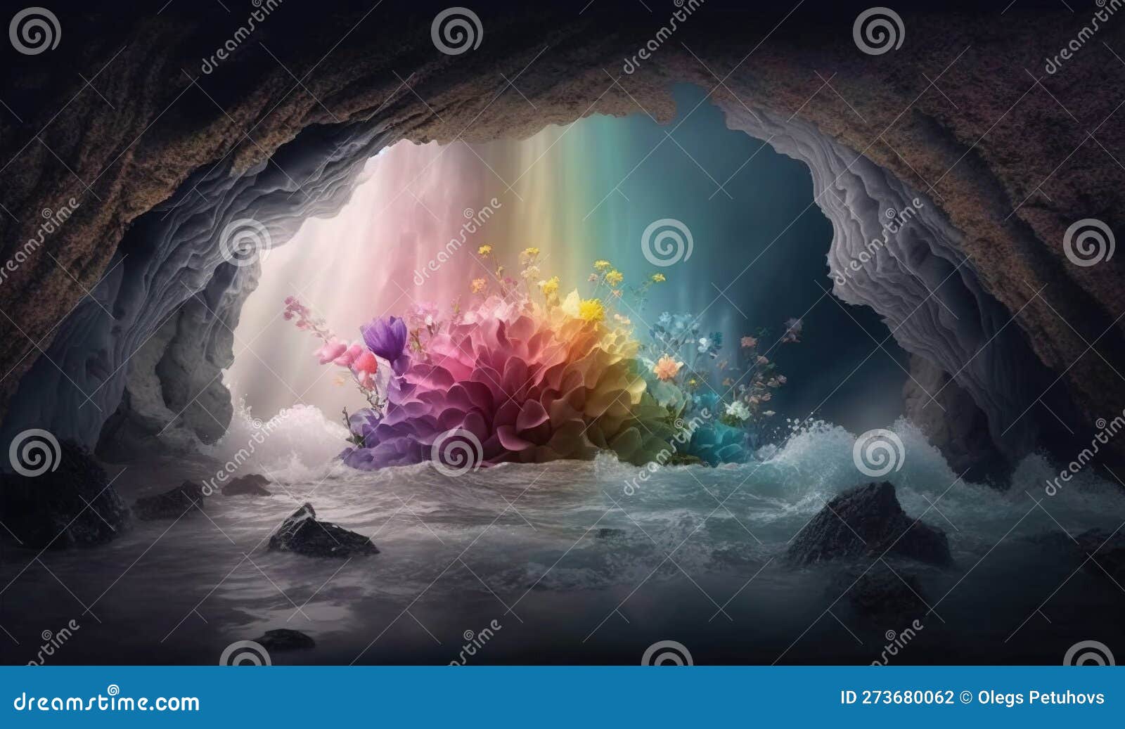 A Rainbow - Colored Flower in a Cave with Water and Rocks in the ...