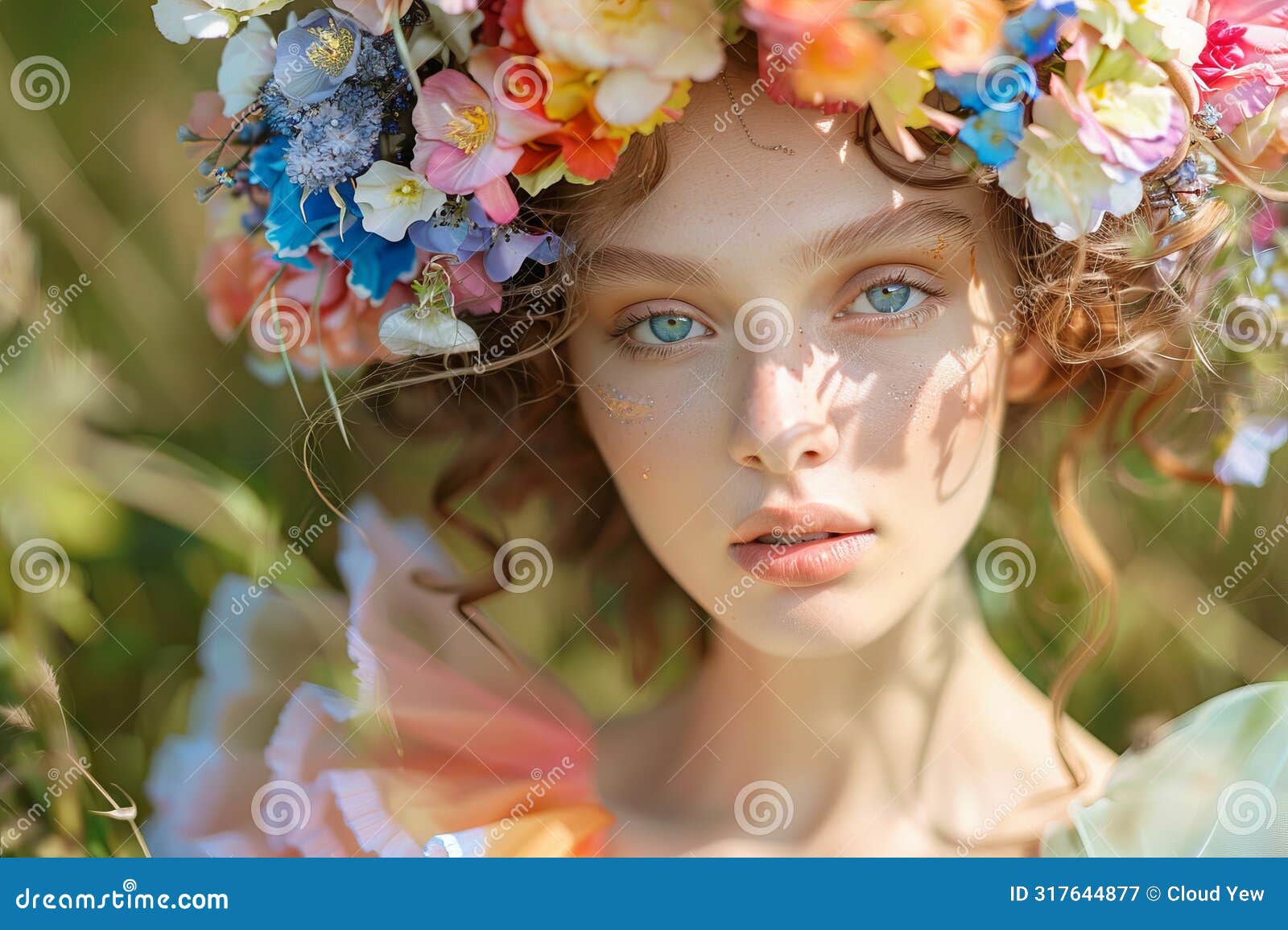 Rainbow-colored Flower Crown Transparently Worn by a Model Stock ...