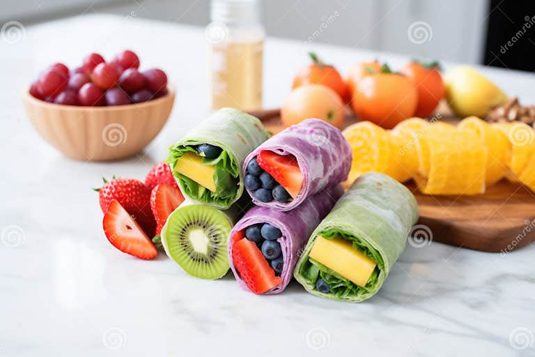 Rainbow-colored Fresh Fruit Wraps on a White Marble Countertop Stock ...