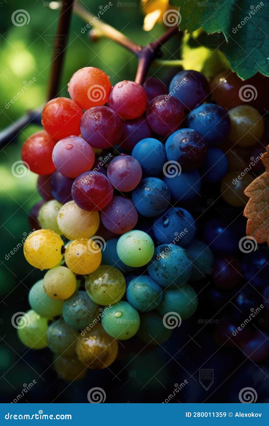 Rainbow-Colored Grapes on the Vine for Wine Labels and Menus. Stock ...