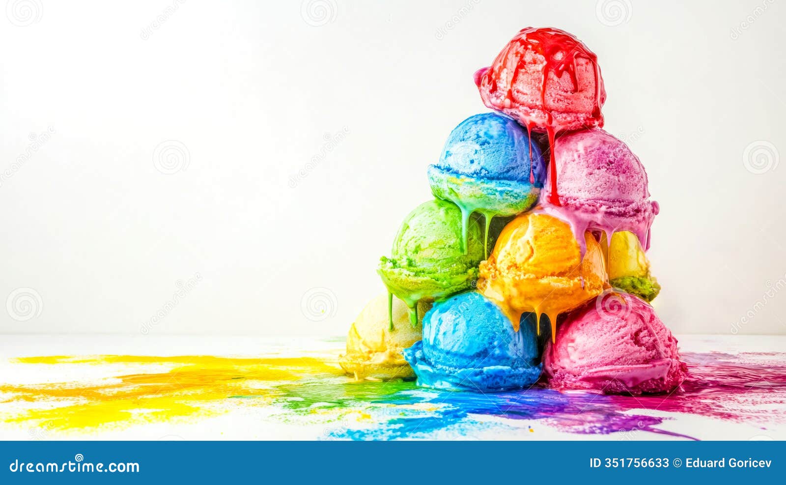 Melting Colorful Ice Cream Scoops Arranged in Pyramid Shape on White ...