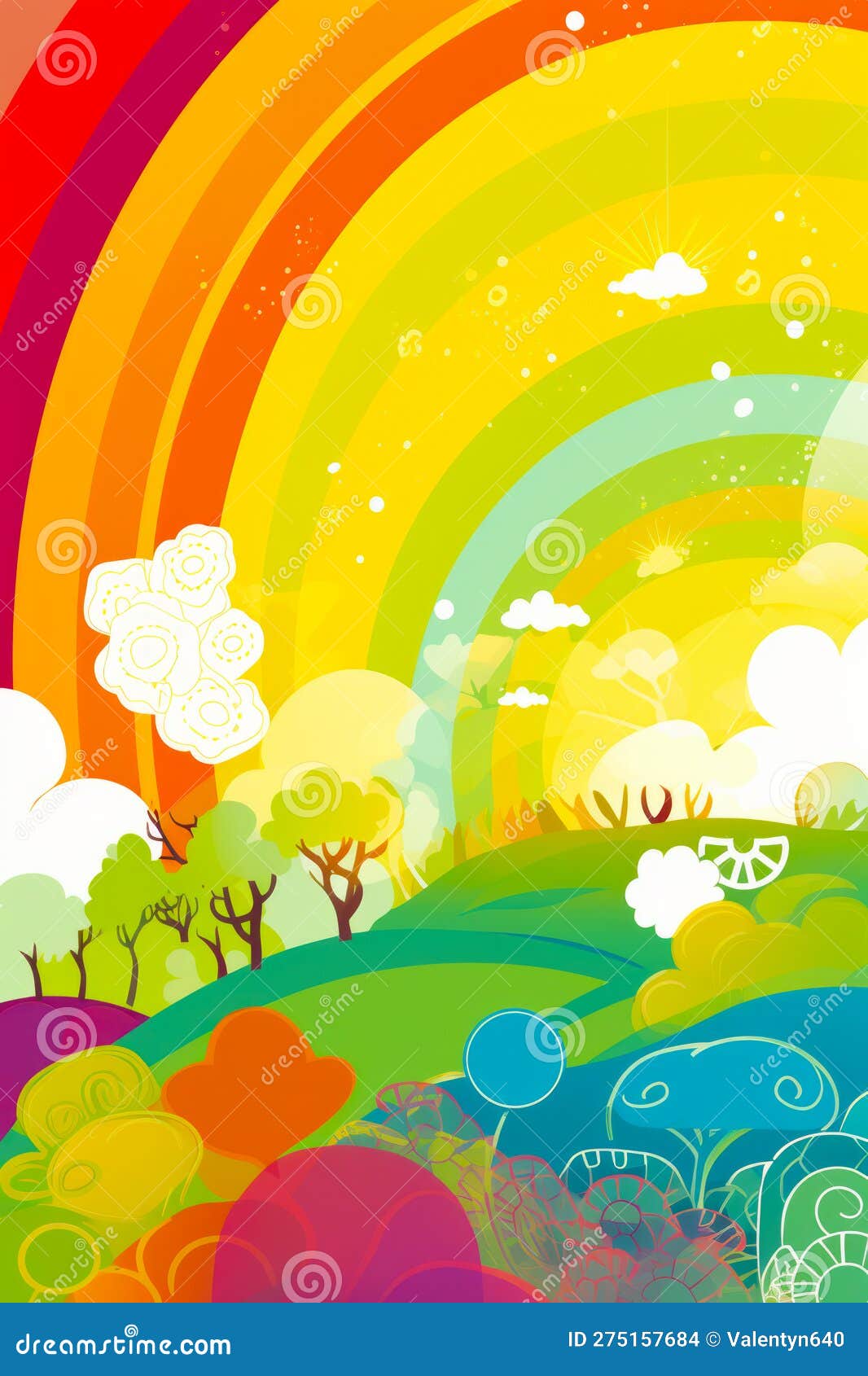 Rainbow Colored Landscape with Trees, Clouds, and Rainbow - Colored Sky ...