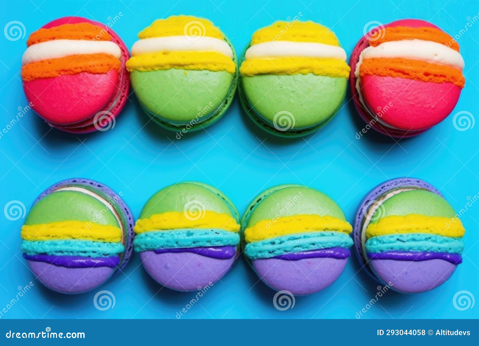 Rainbow-colored Macarons Arranged Vertically on a Bright Blue Surface ...