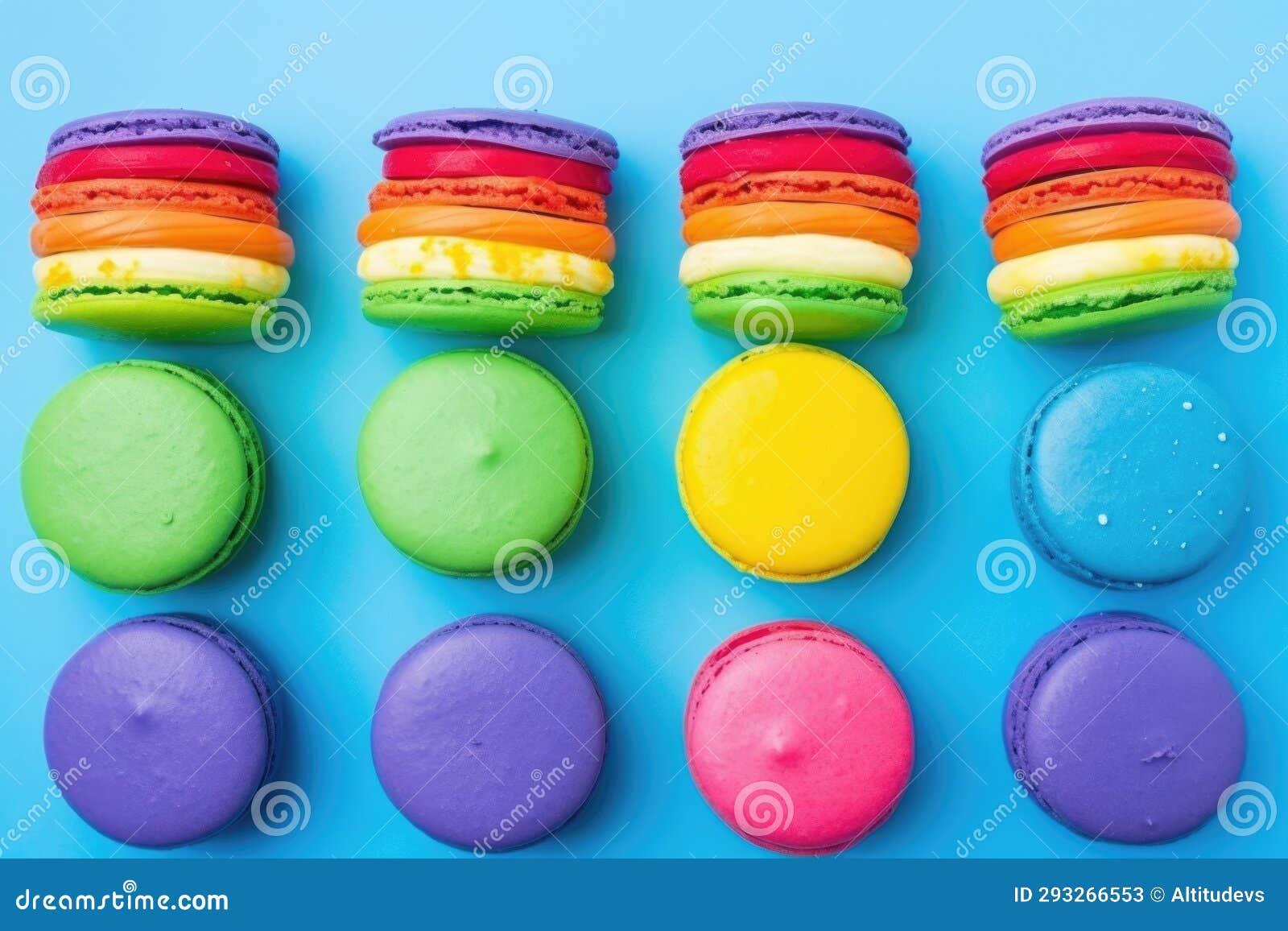Rainbow-colored Macarons Arranged Vertically on a Bright Blue Surface ...
