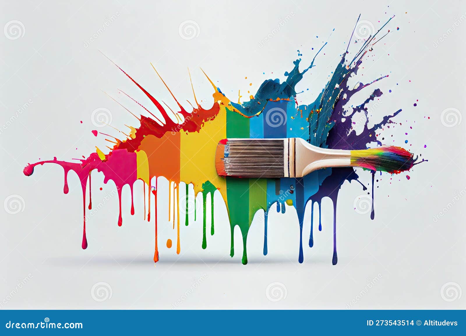 A Rainbow-colored Paintbrush on a White Background, with Splatter Marks ...