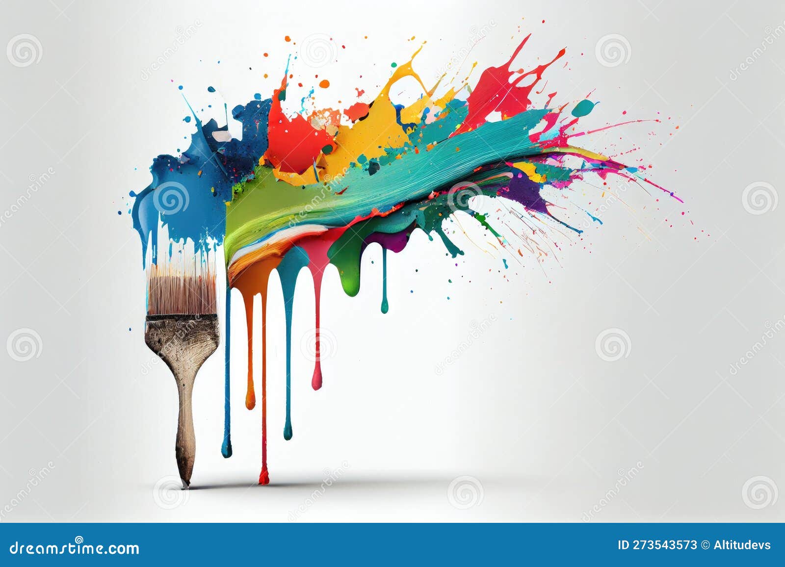 A Rainbow-colored Paintbrush on a White Background, with Splatter Marks ...