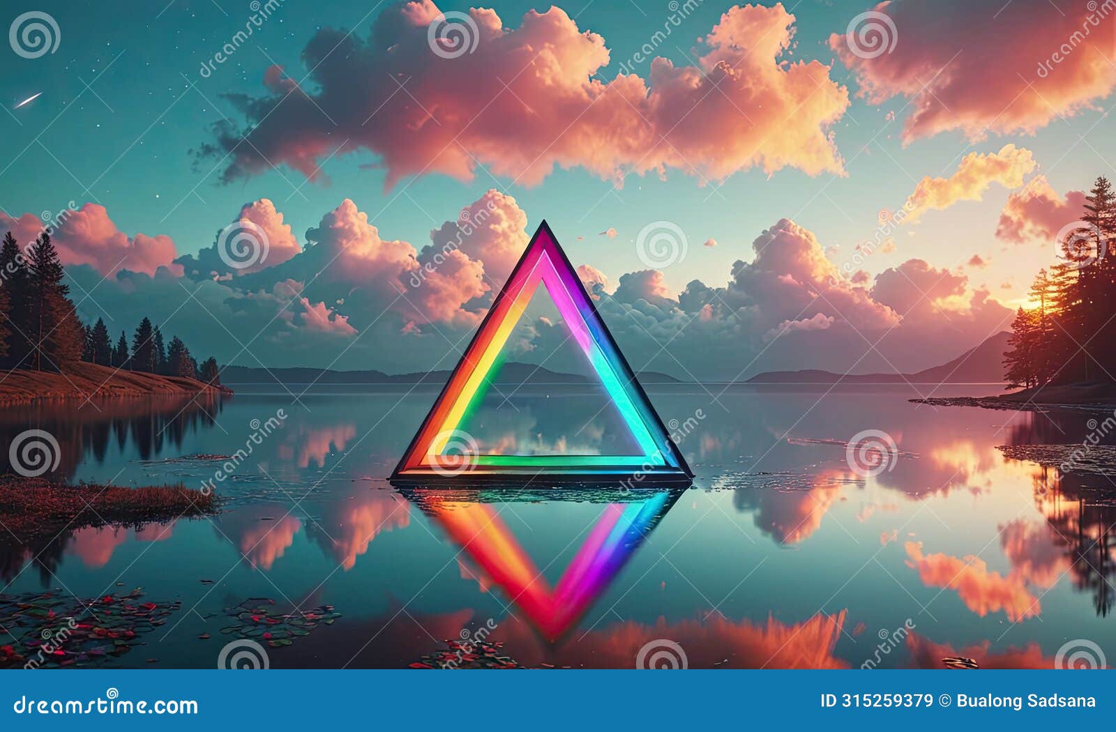 A Rainbow Colored Triangle is in the Water in Front of a Forest. Stock ...