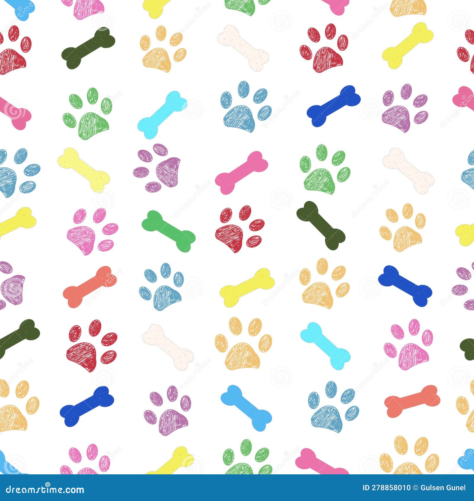 Rainbow Colors Paw Prints and Bone. Seamless Fabric Design Pattern ...