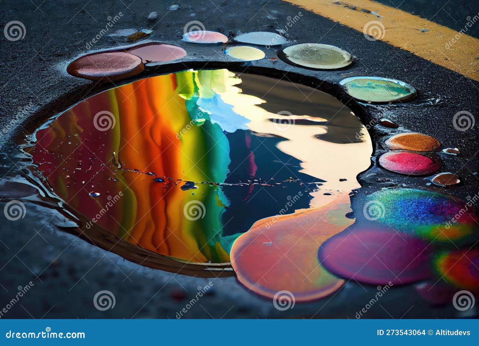 A Rainbow of Colors Reflected in a Puddle after a Rainstorm. Stock ...