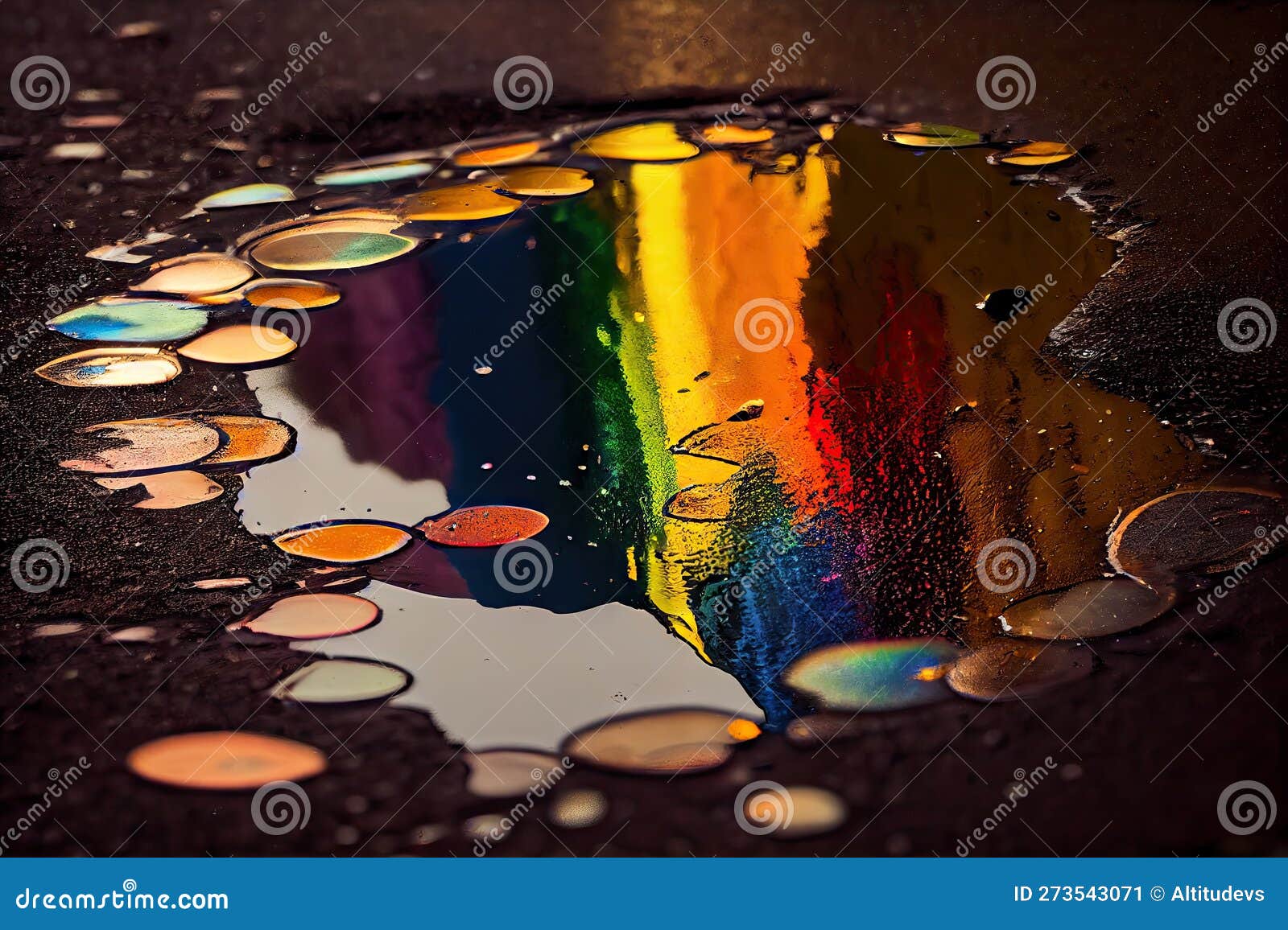 A Rainbow of Colors Reflected in a Puddle after a Rainstorm. Stock ...