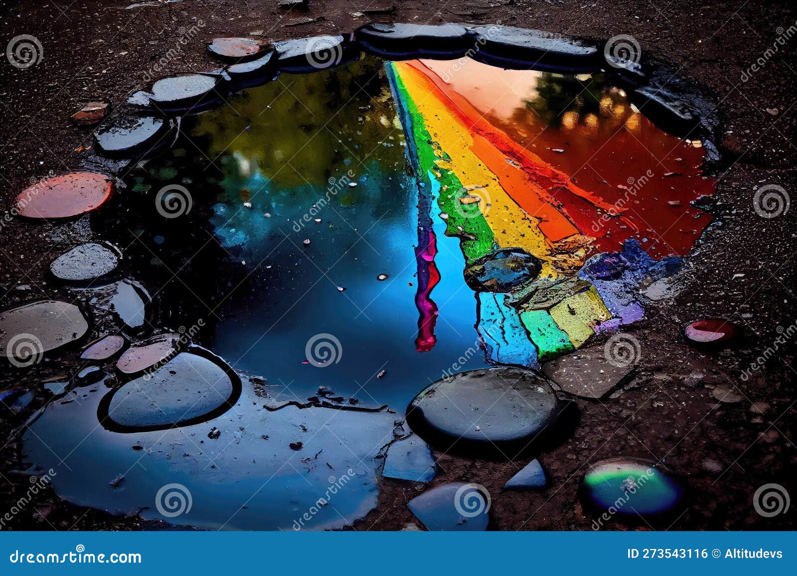 A Rainbow of Colors Reflected in a Puddle after a Rainstorm. Stock ...