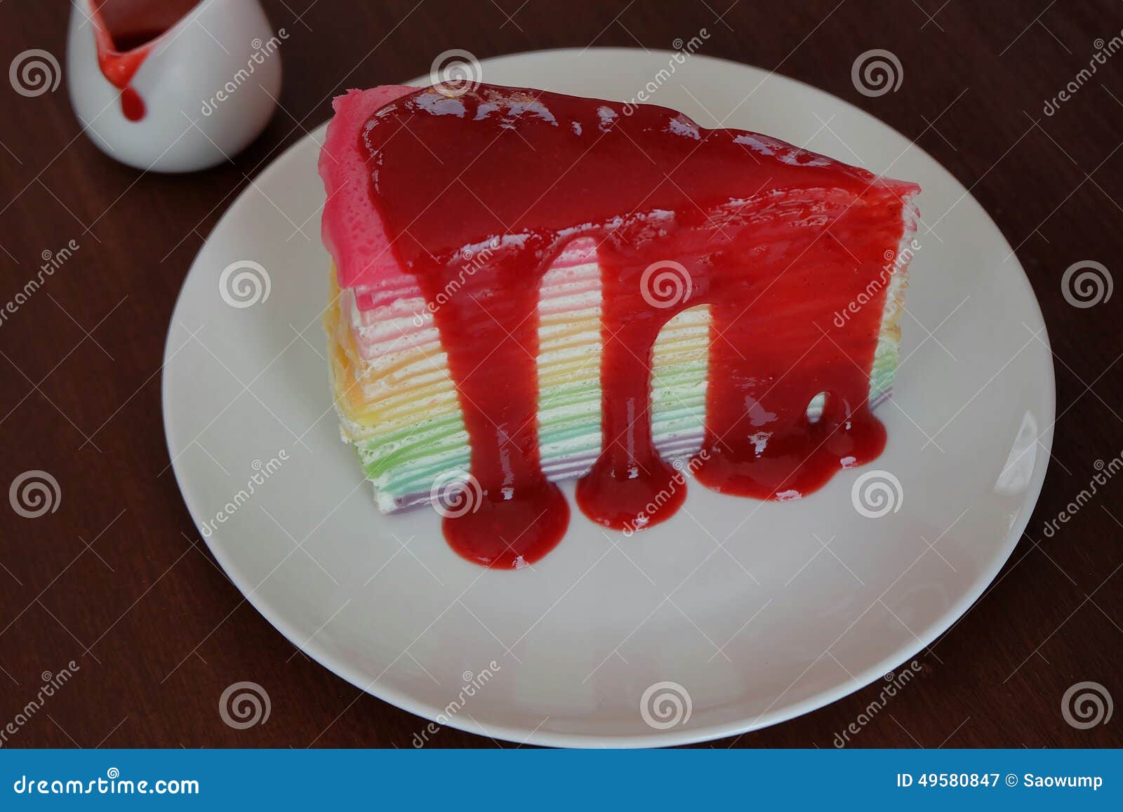 Rainbow Crape Cake with Strawberry Sauce. Stock Image - Image of food ...