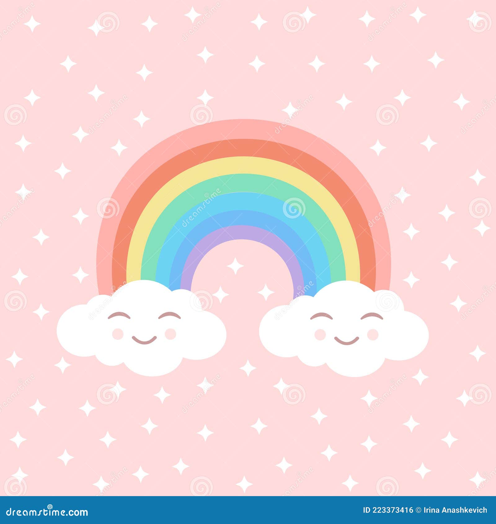 Rainbow With Cute Clouds And White Stars On An Isolated Pink Background