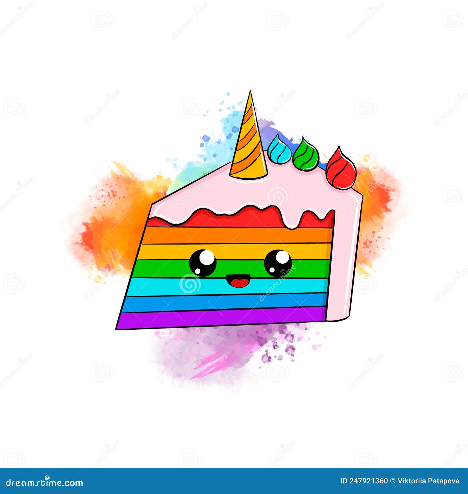 Rainbow Cute Kawaii Cake on Watercolor Splash Background Stock Vector ...