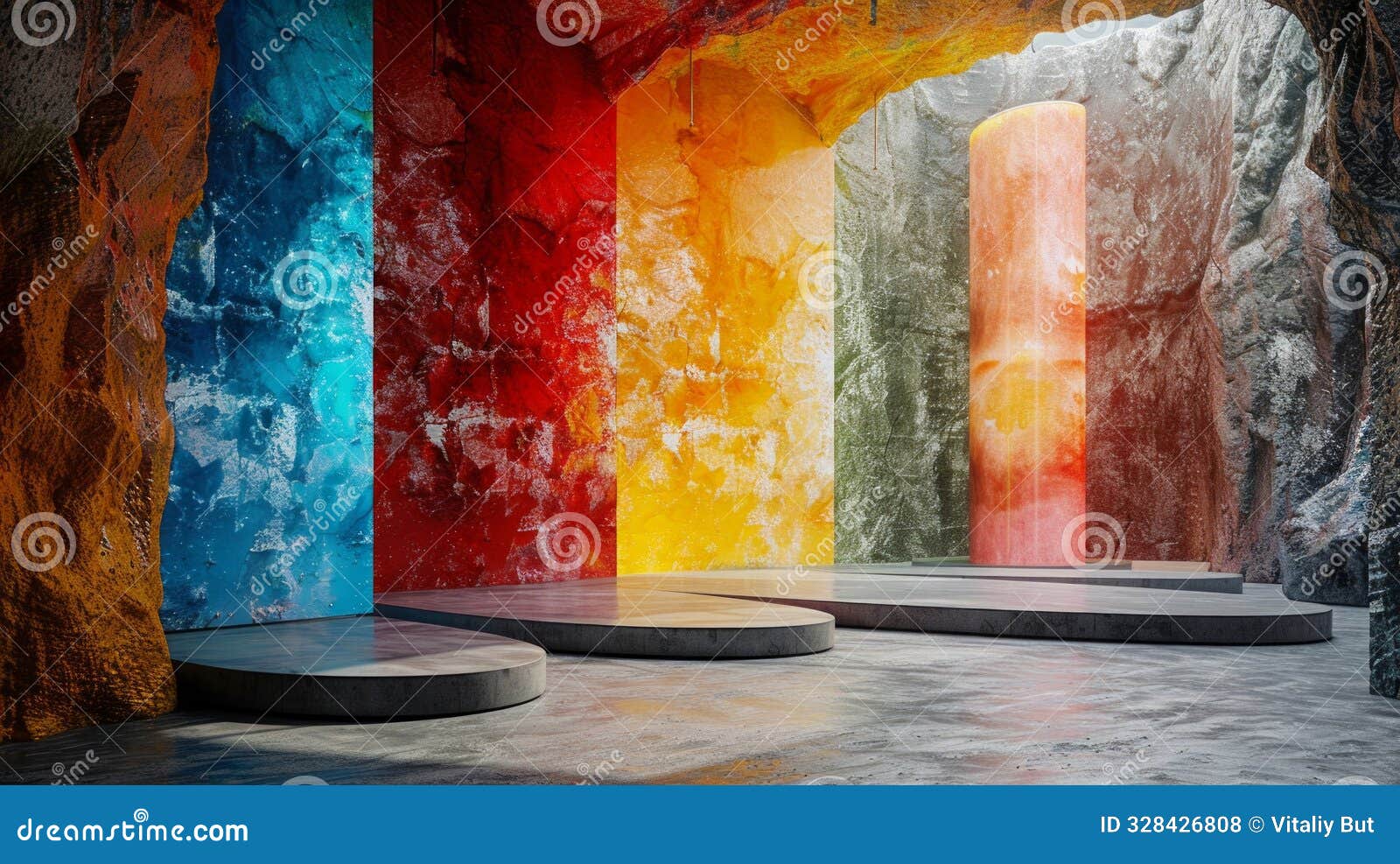 Rainbow Cyclorama Mockup Set In A Cave, With Colorful Translucent ...