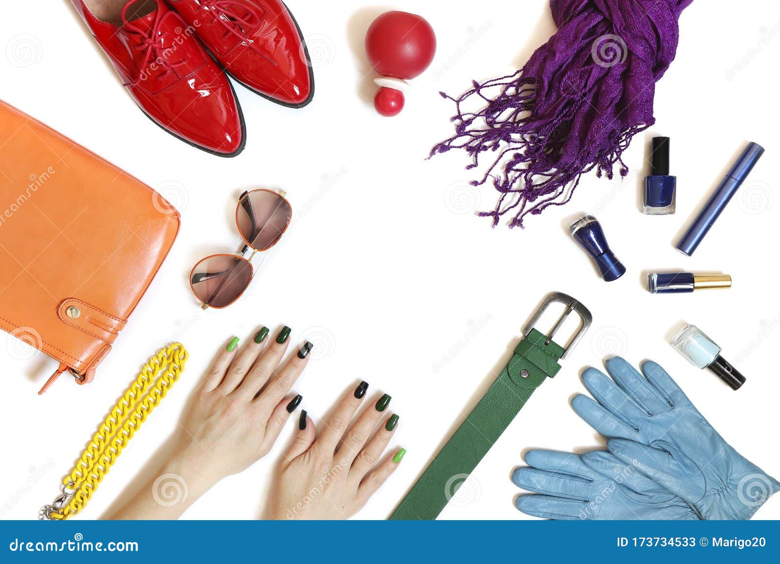 Rainbow Design of Colored Accessories, Decorative Cosmetics and Green ...