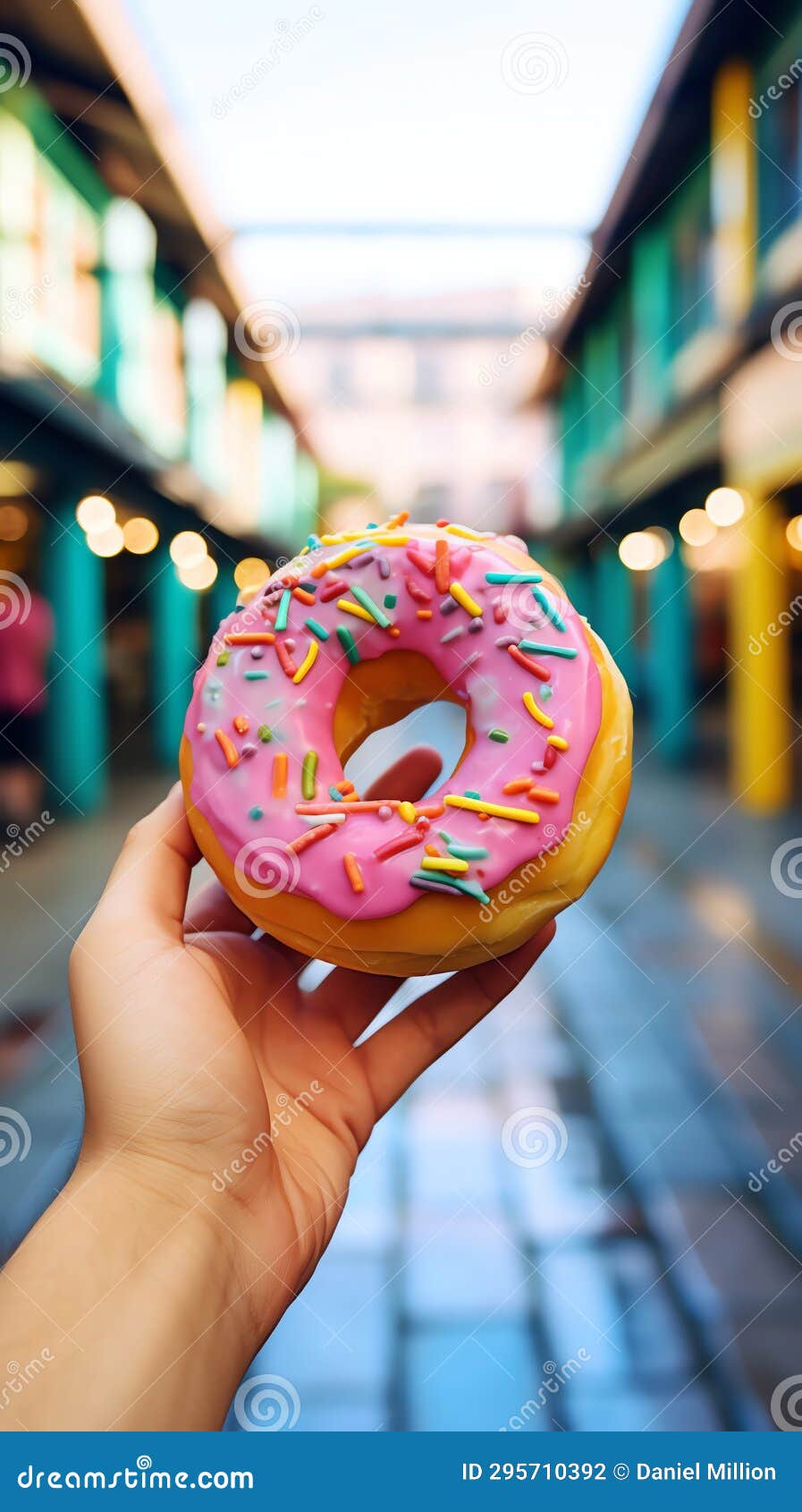 Rainbow Donut Held in Hand with Street View, Life Style Authentic ...