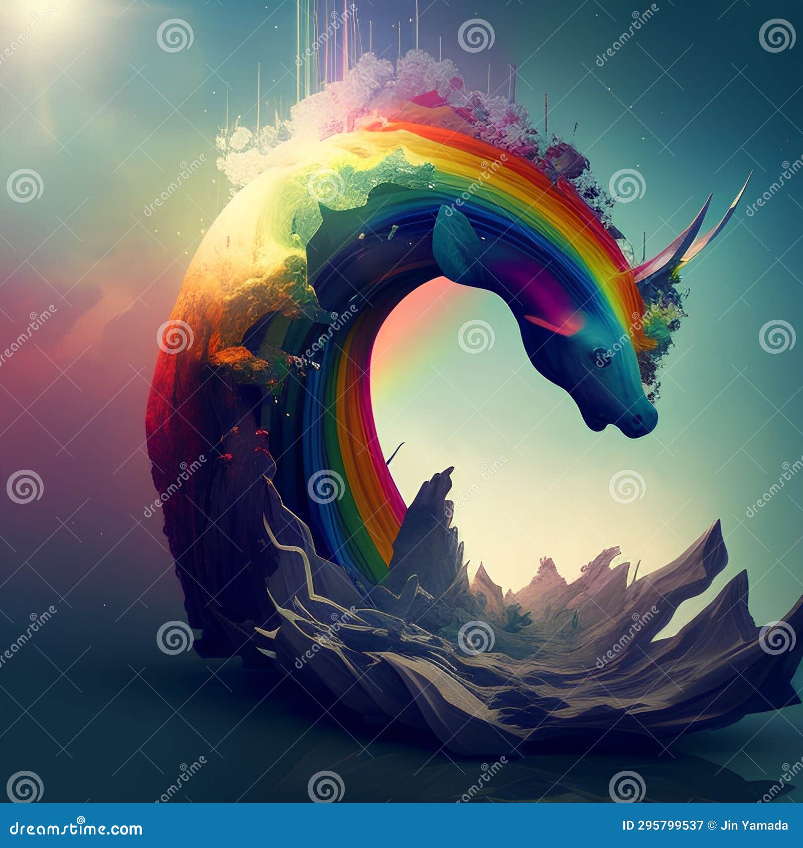 Rainbow and Dragon in Surreal Landscape. 3D Render Illustration Stock ...