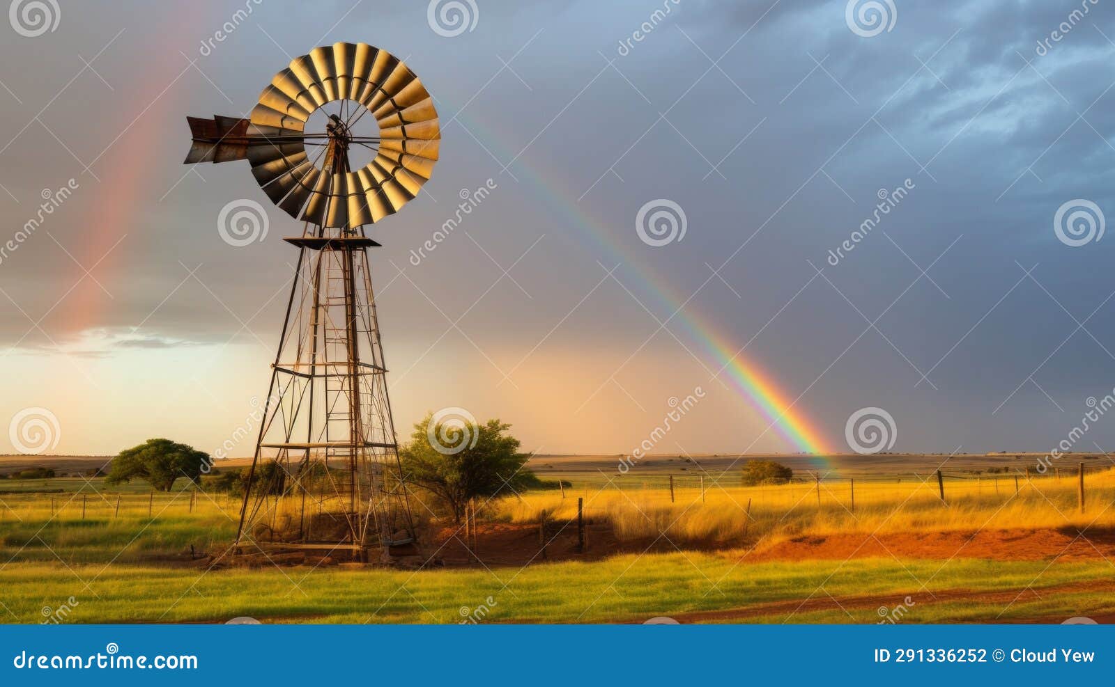 Rainbow behind a windmill stock illustration. Illustration of metal ...