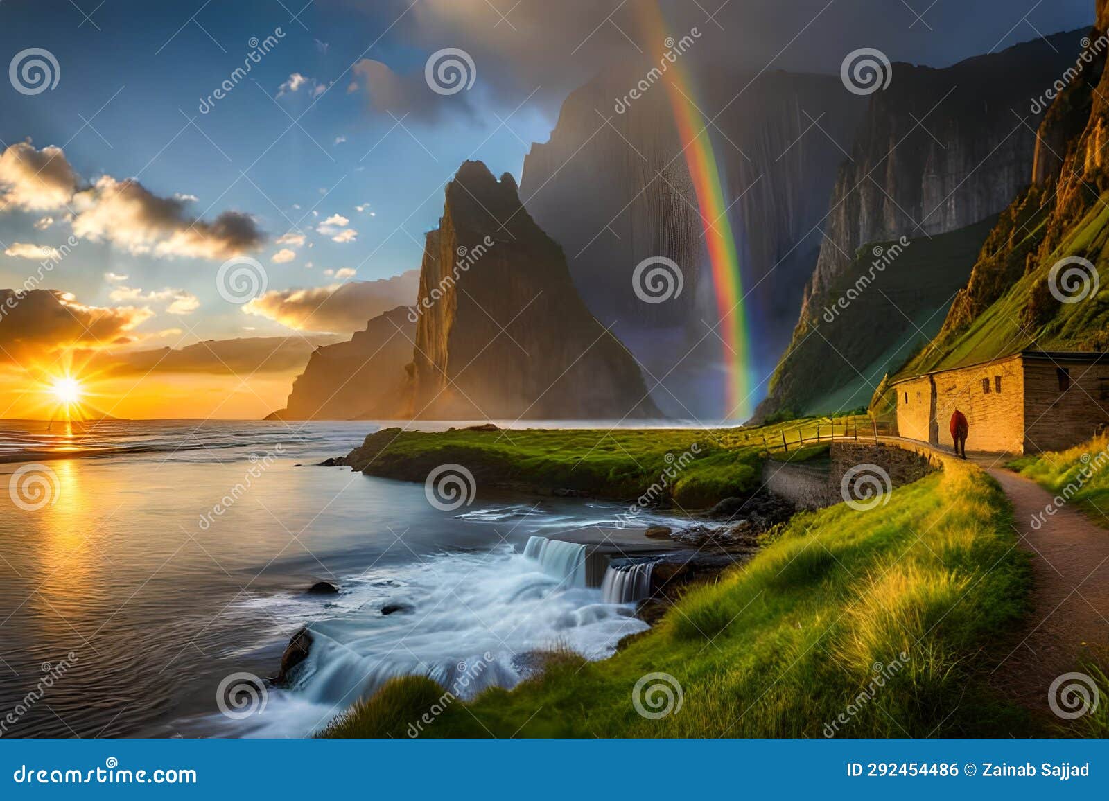 A Rainbow with the Sunrise and Eye-catching Sky Stock Illustration ...