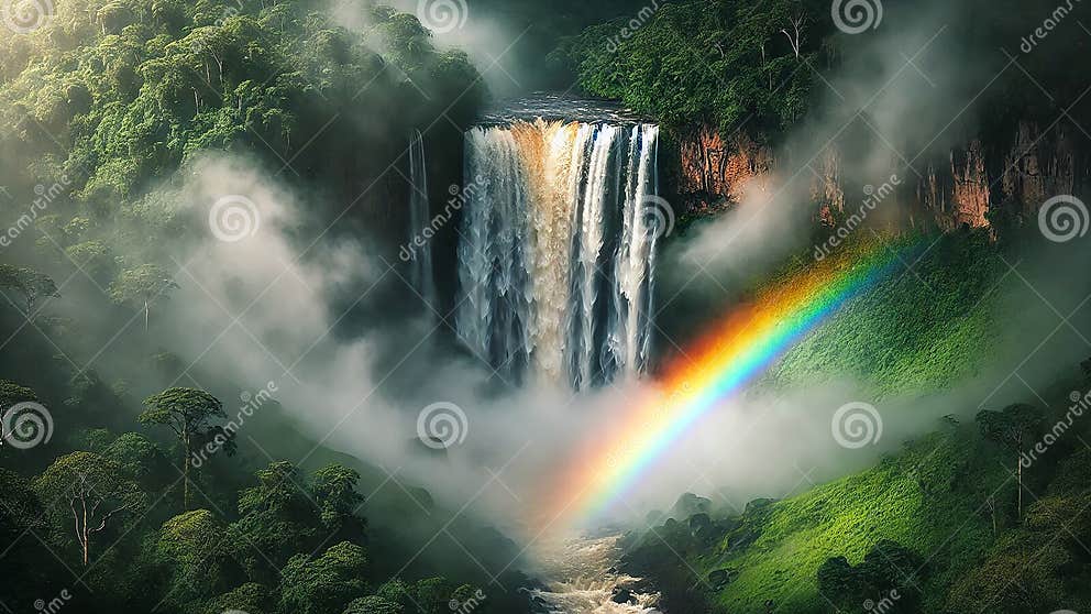 Rainbow Emerging from Mist Near a Waterfall. the Background is Slightly ...