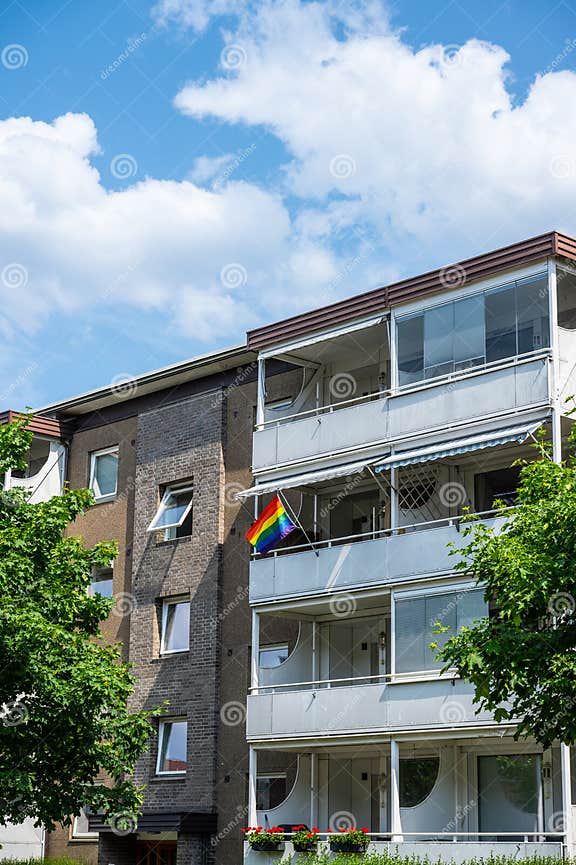 Rainbow Flag on an Apartment Balcony.. Stock Image - Image of white, energy: 292585027