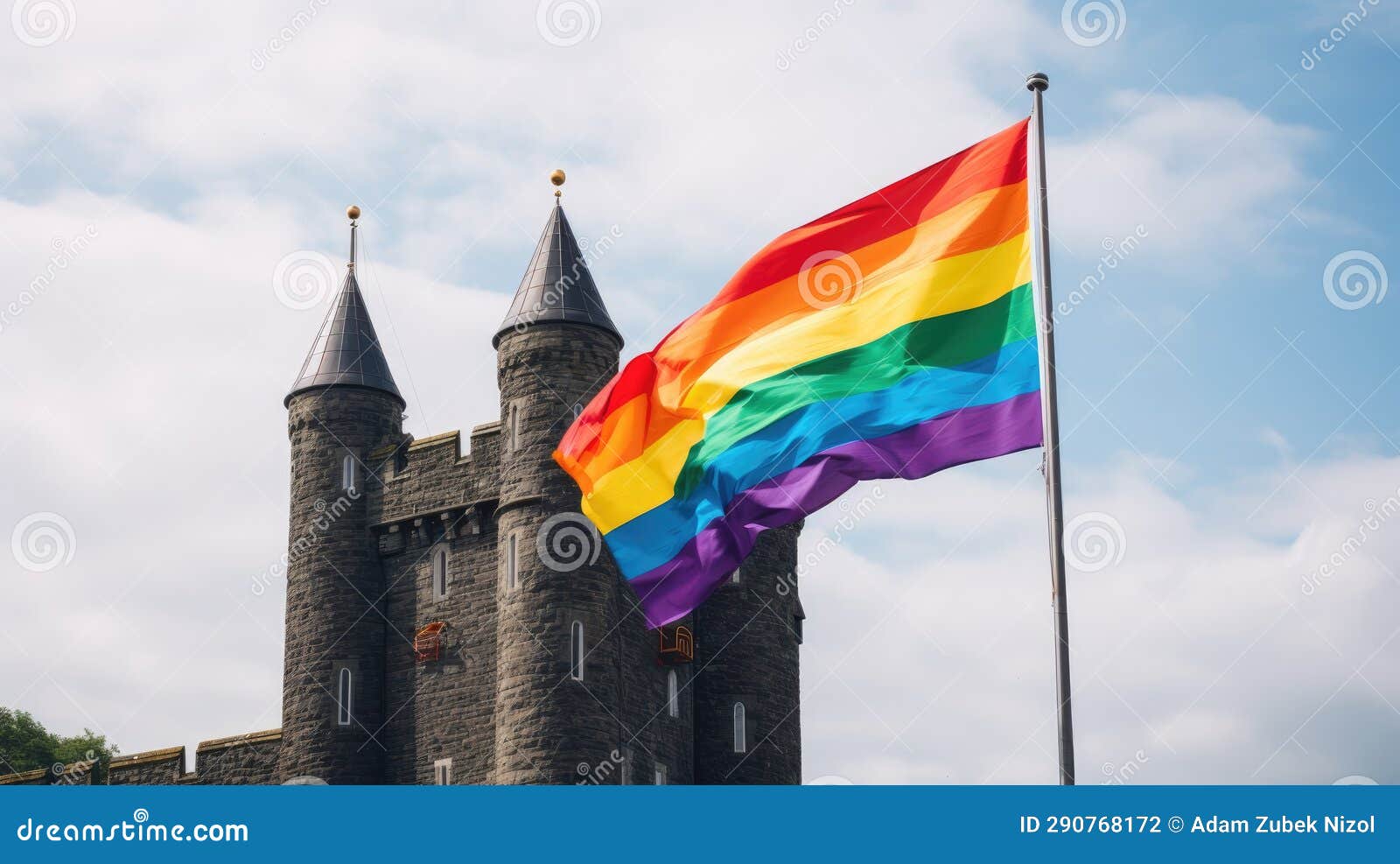 A Rainbow Flag Flying in Front of a Castle Stock Illustration ...